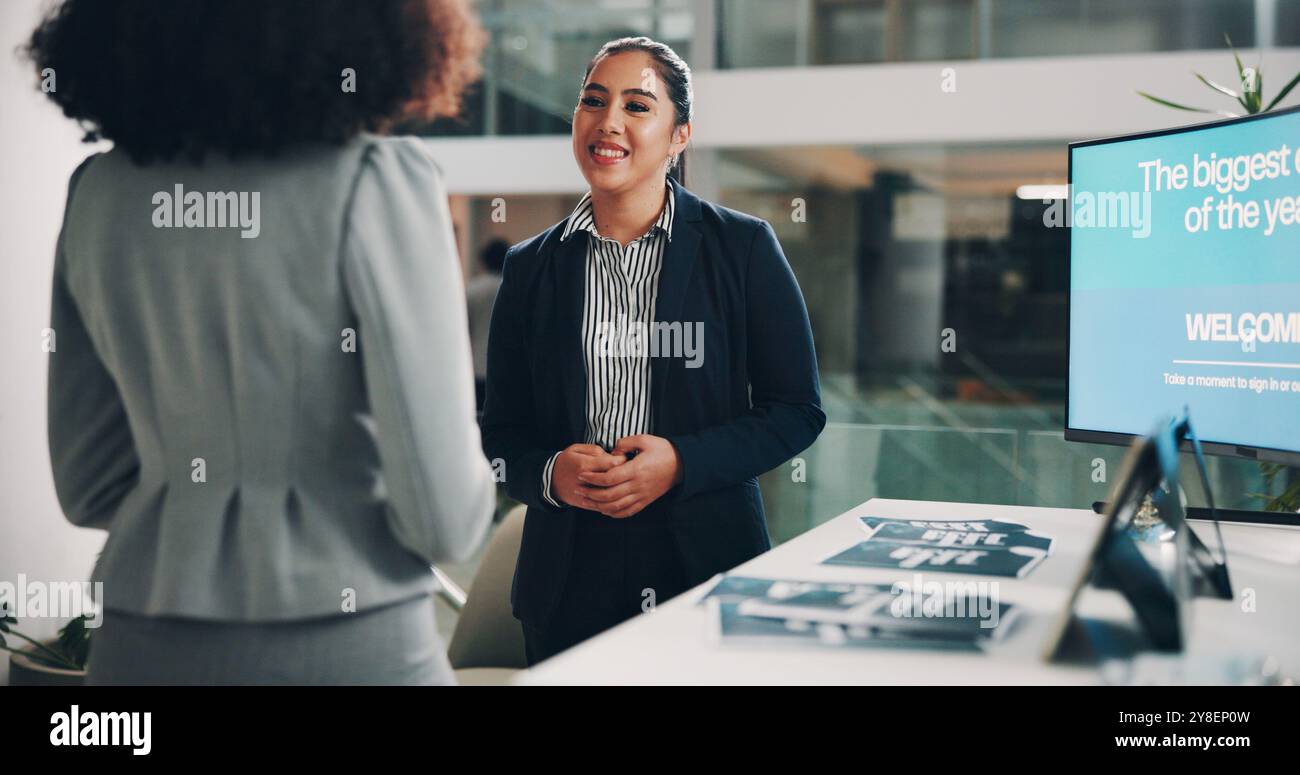 Welcome booth, conference and business people at expo for summit ...