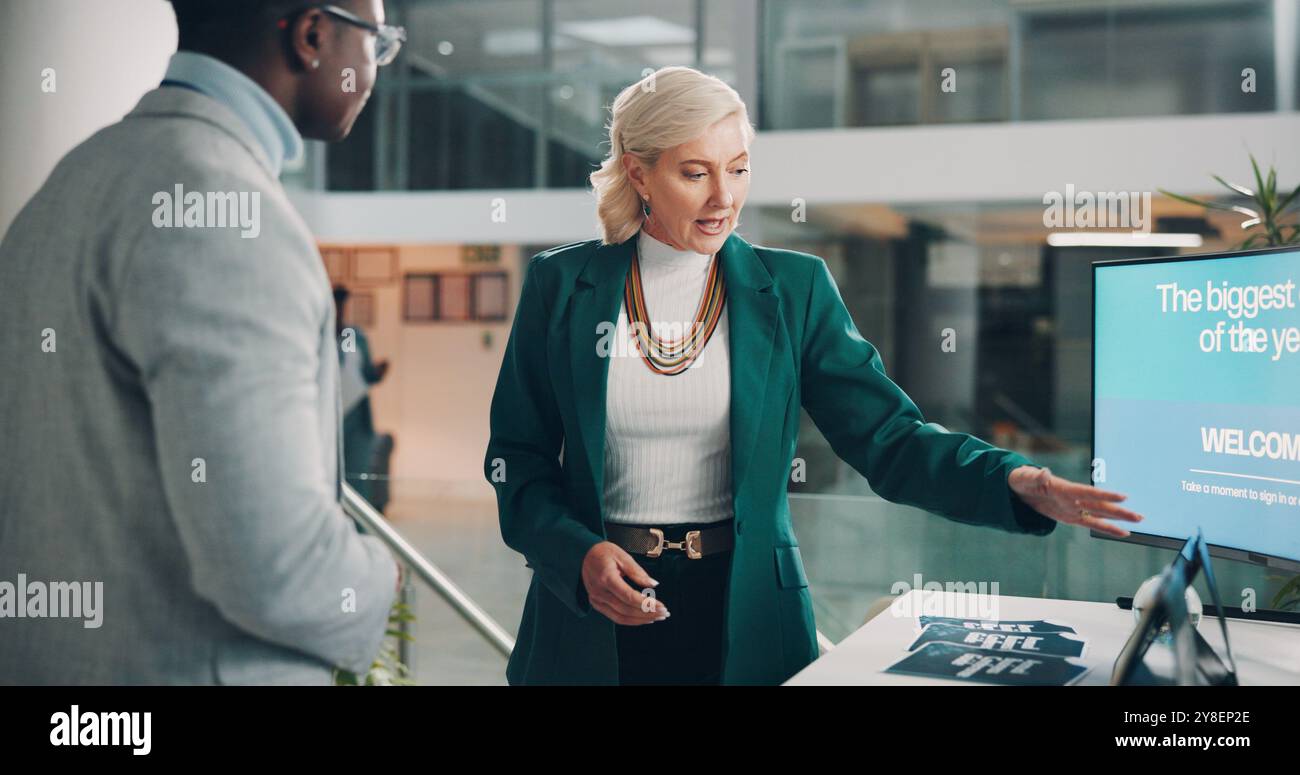 Welcome booth, conference and showcase with business people at expo for ...