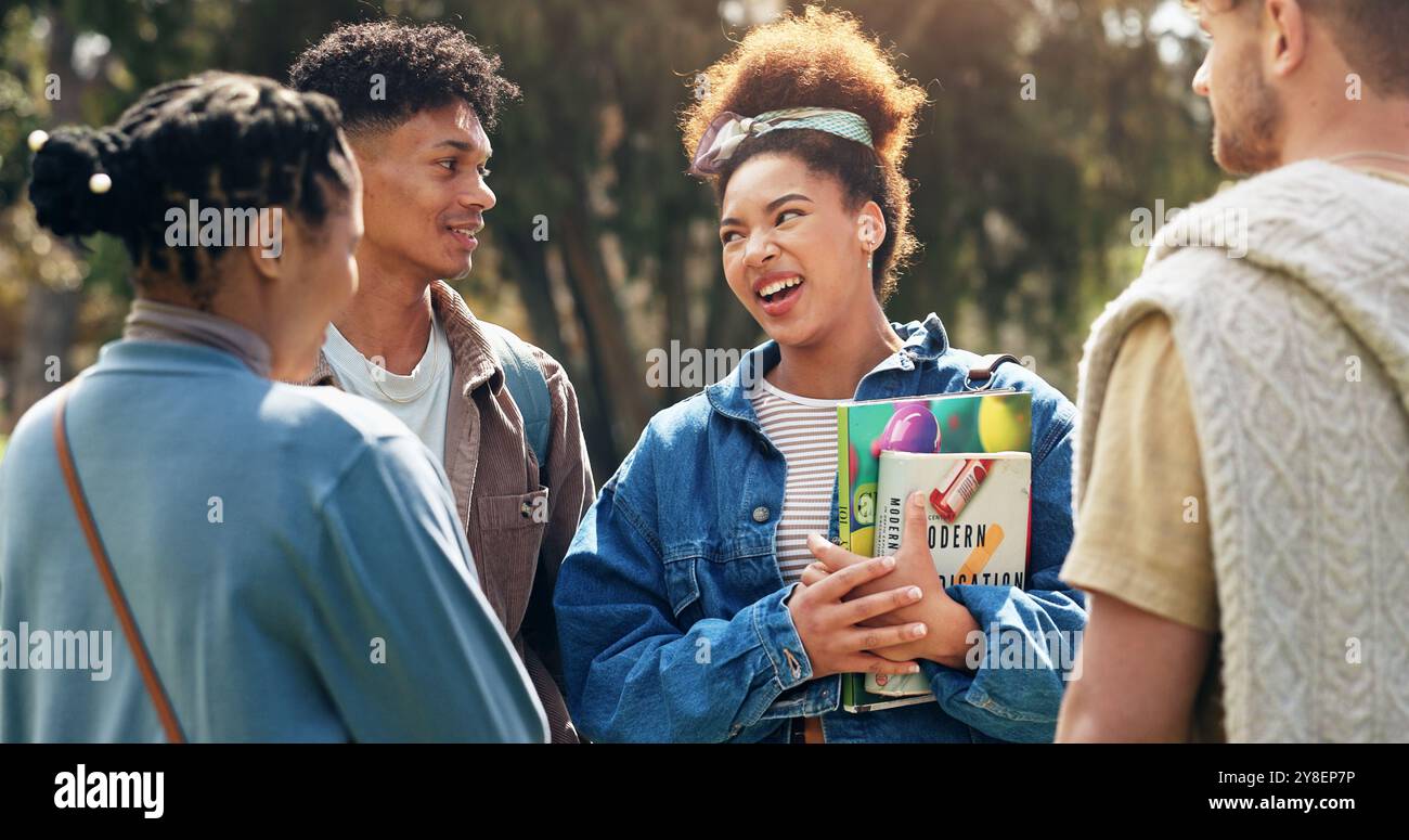 People, students and outdoor with group, smile and textbook for ...