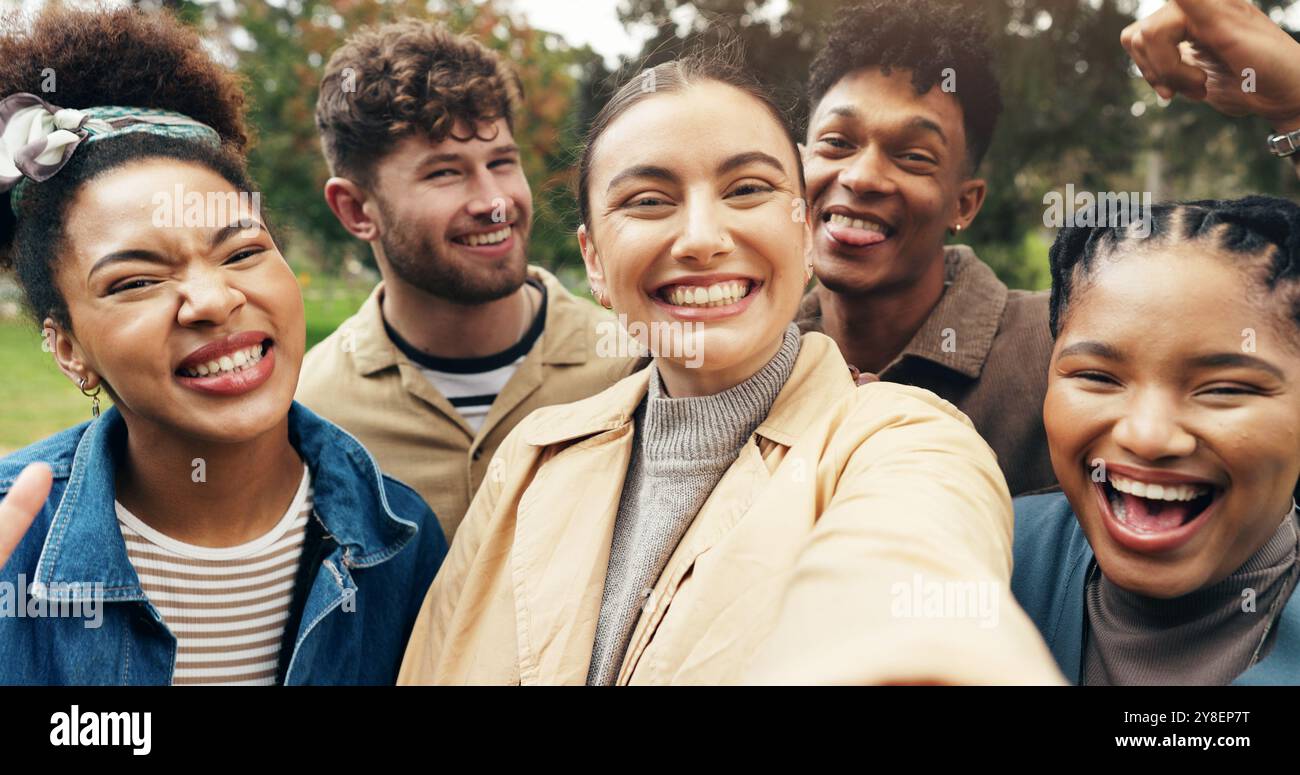 Selfie, students and smile in portrait at university for campus memory ...