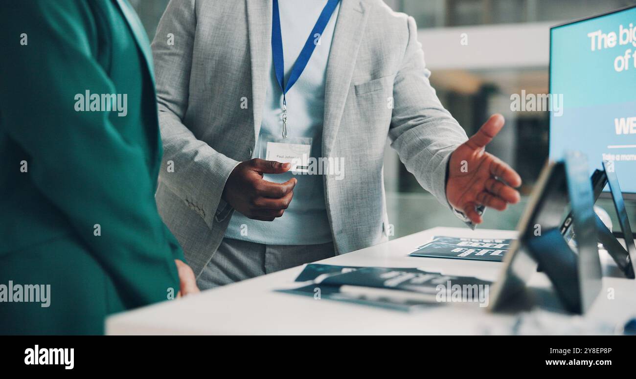 Welcome booth, conference and hands with business people at expo for ...