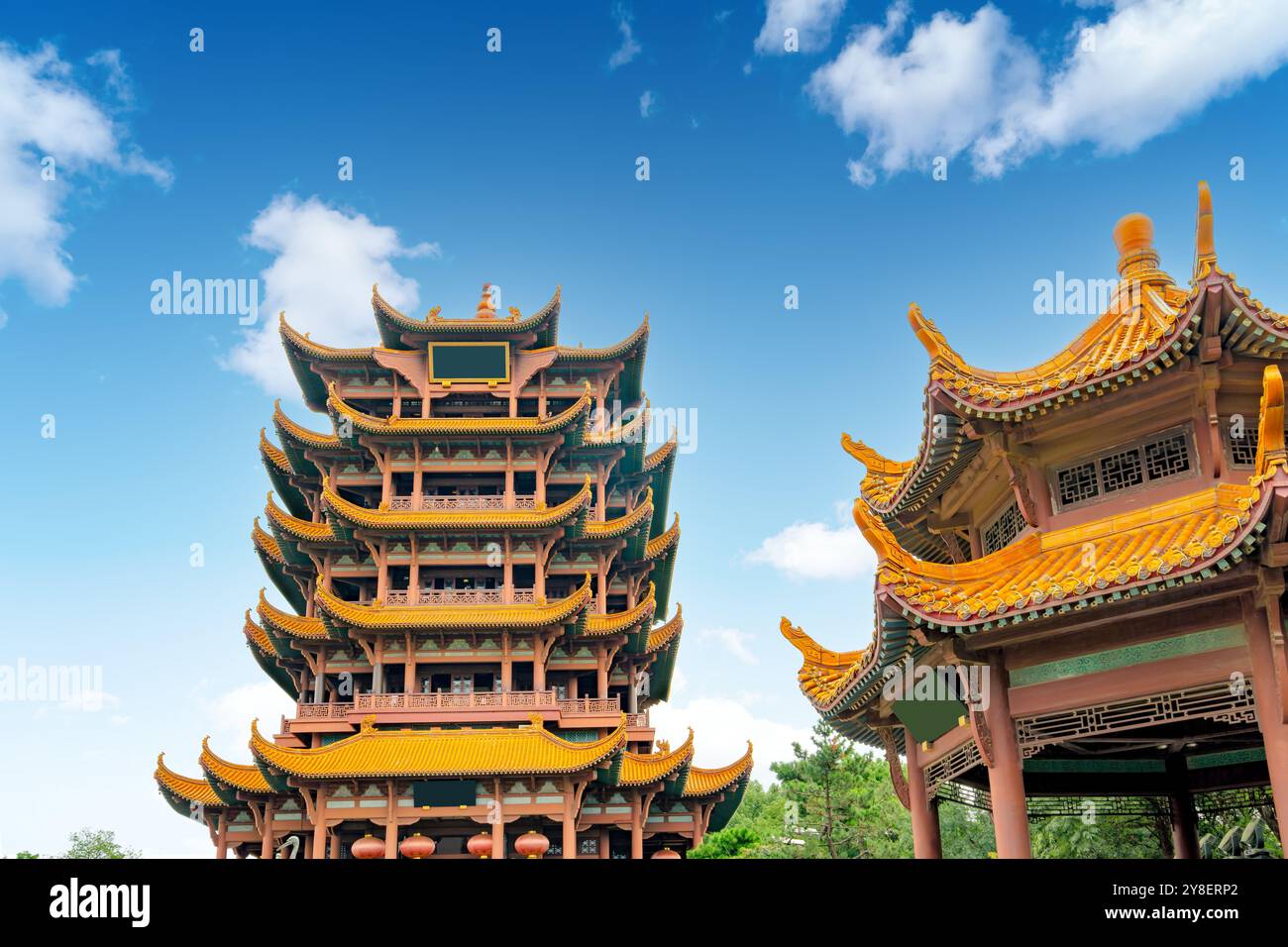 Yellow crane tower against blue sky in wuhan, China Stock Photo - Alamy