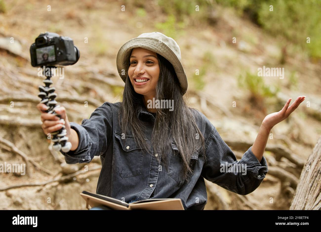 Woman, outdoor and selfie in nature, hiking and forest for travel ...