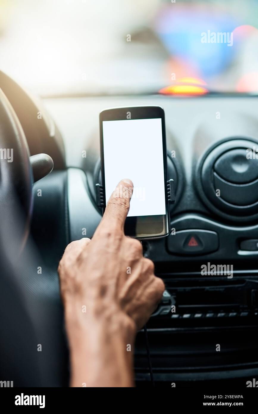 Man, hand and driver with blank phone in car, transport directions and ...