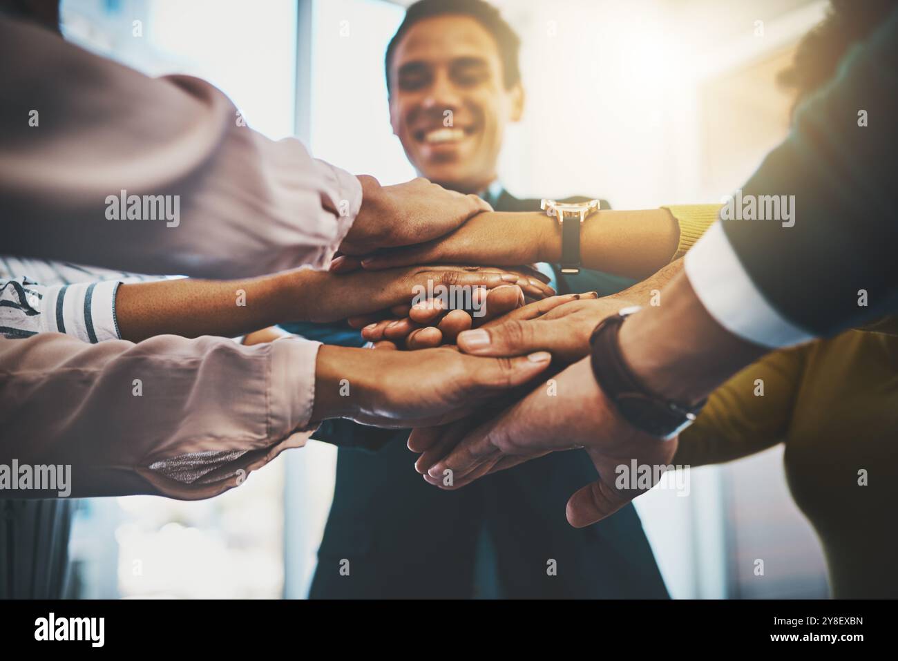 Stack hands, team building and business people in cooperation, synergy and support. Group ...