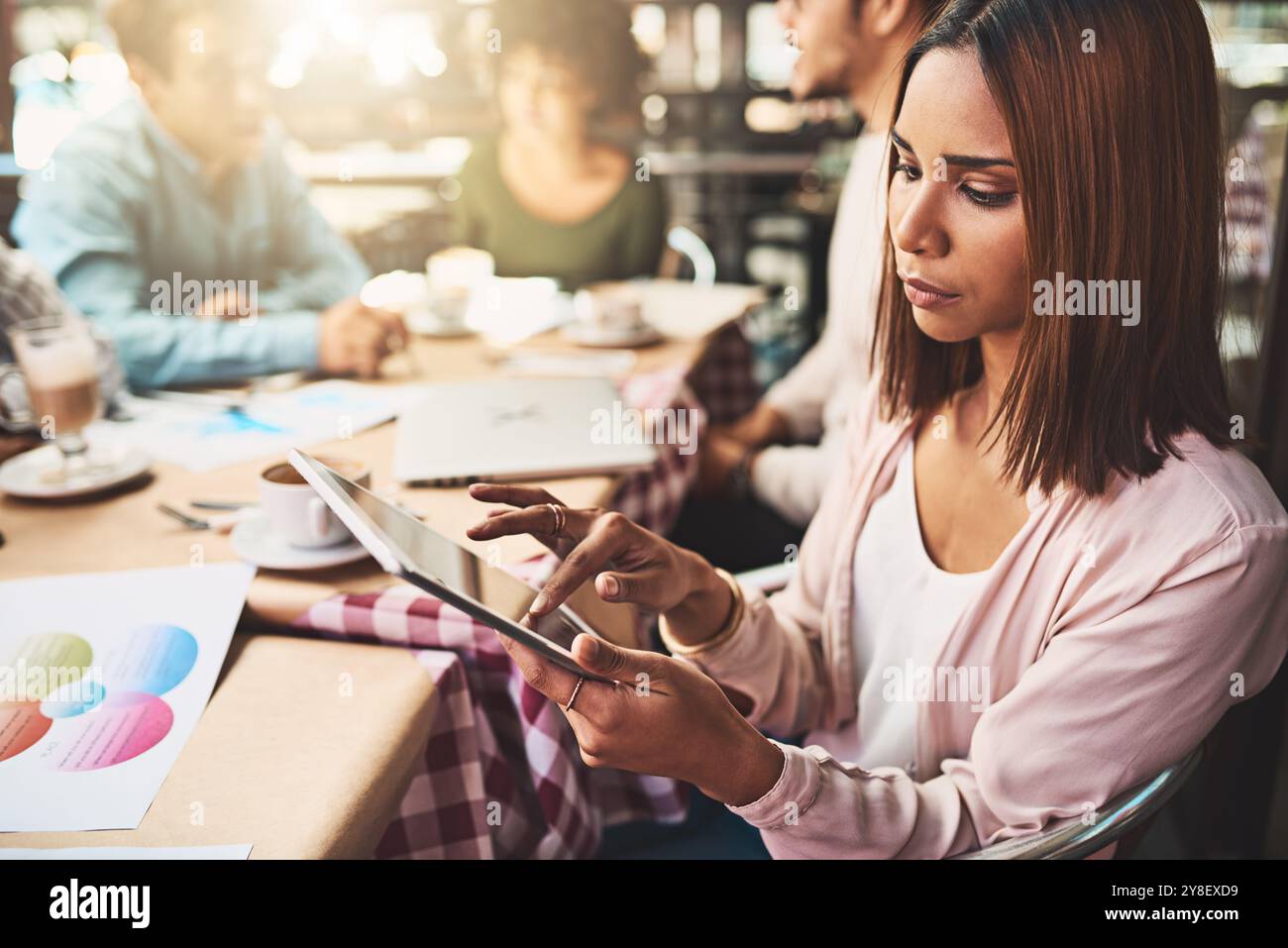 Group of people, woman and tablet with colleagues for business meeting ...