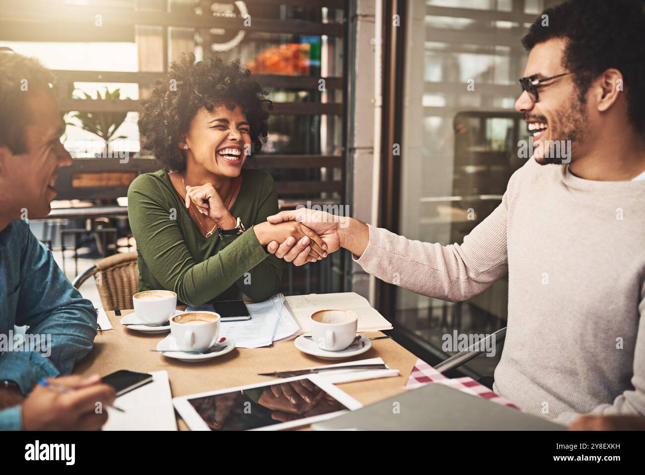 Group of people, handshake and coffee as colleagues for business, team ...