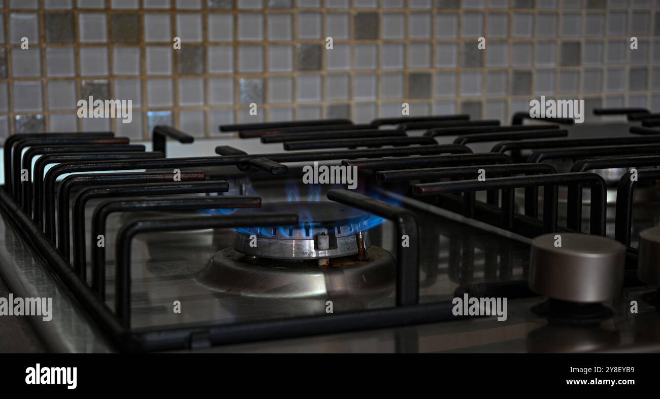 Single burner on a natural gas stove top is lit and burning blue Stock ...