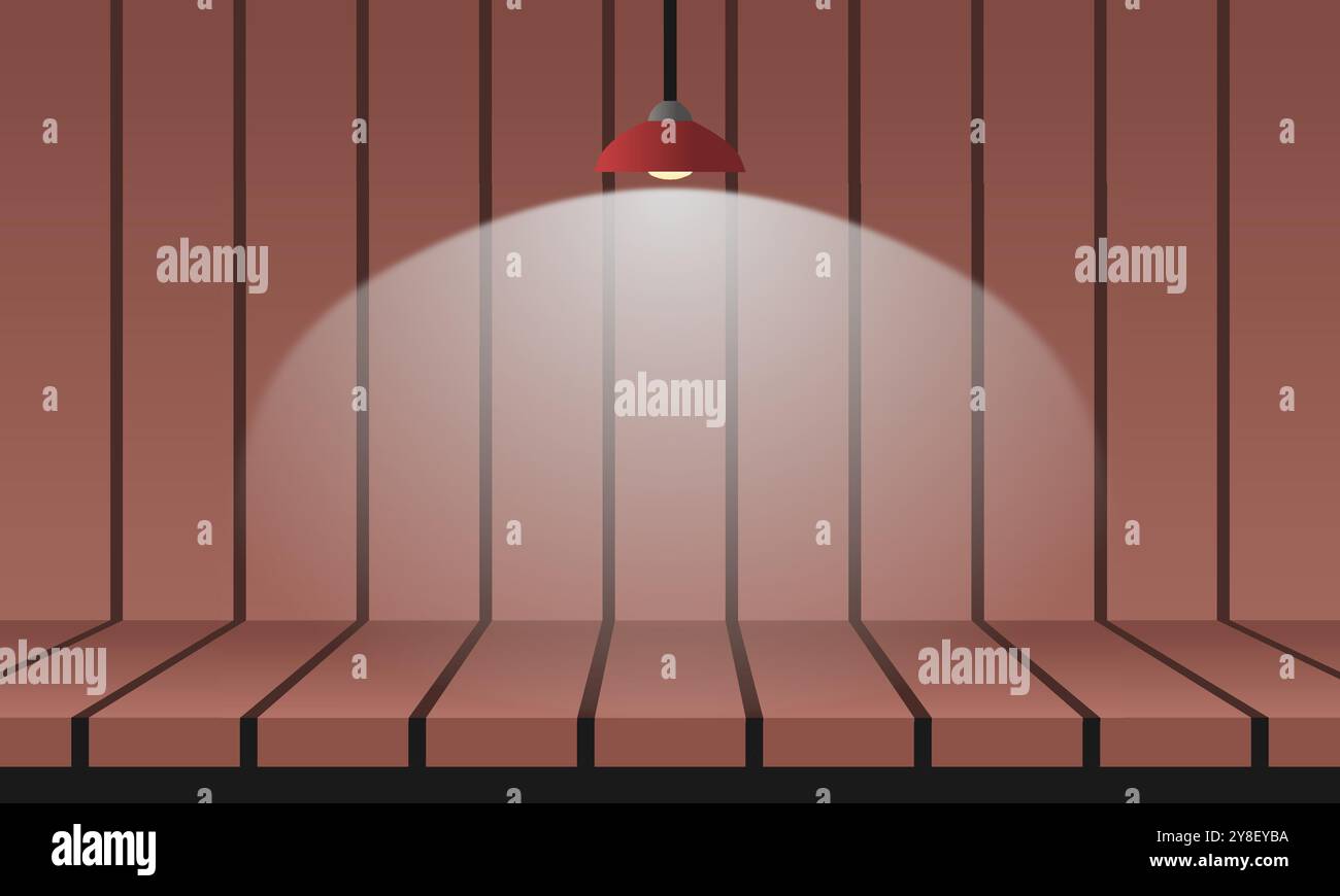 Empty wooden deck table with hanging lamp for present product ...