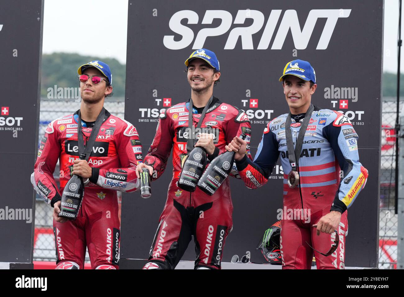Winner Italian rider Francesco Bagnaia of Ducati Lenovo Team, center ...