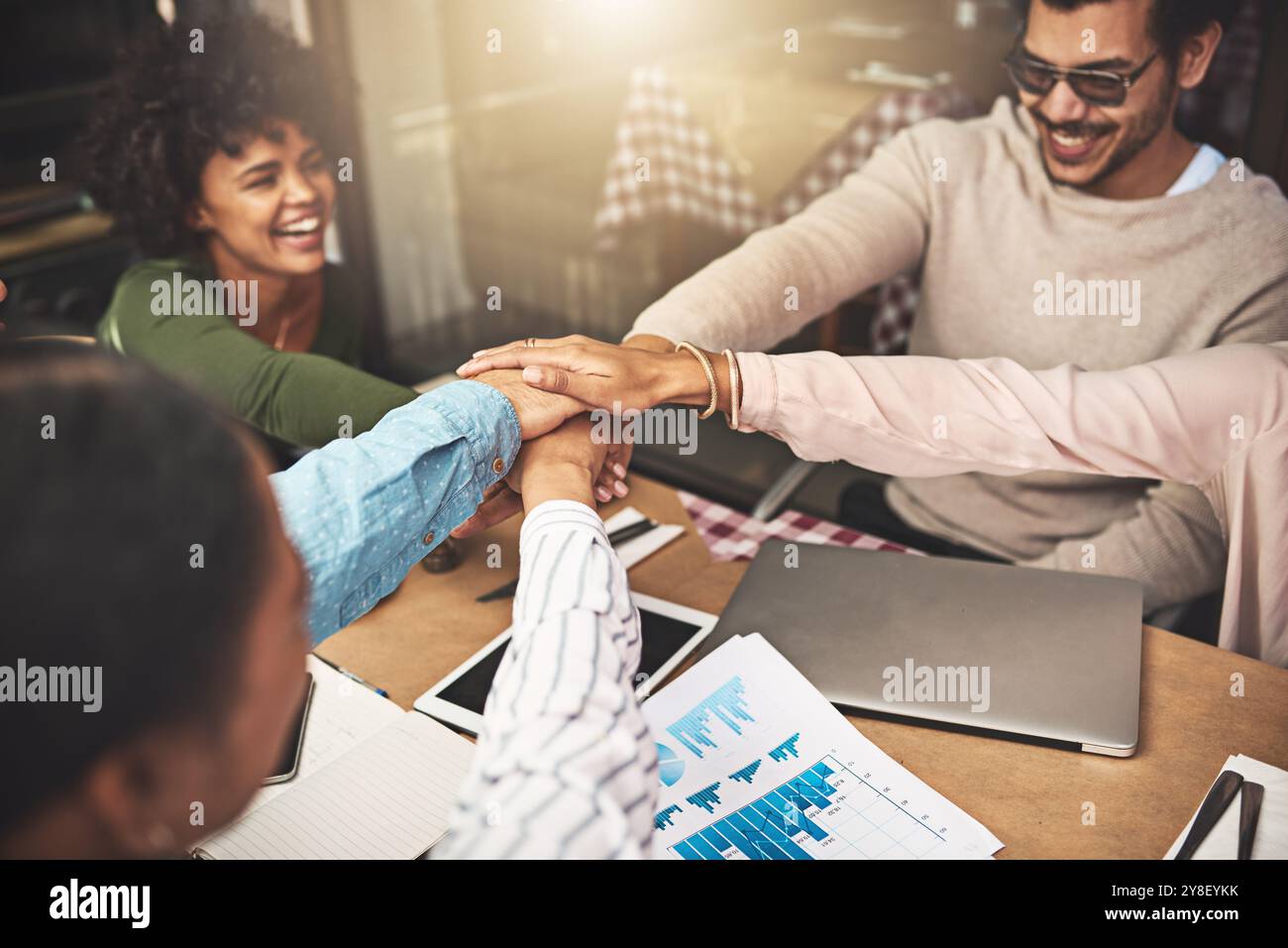 Stack hands, teamwork or happy business people with success celebrate ...