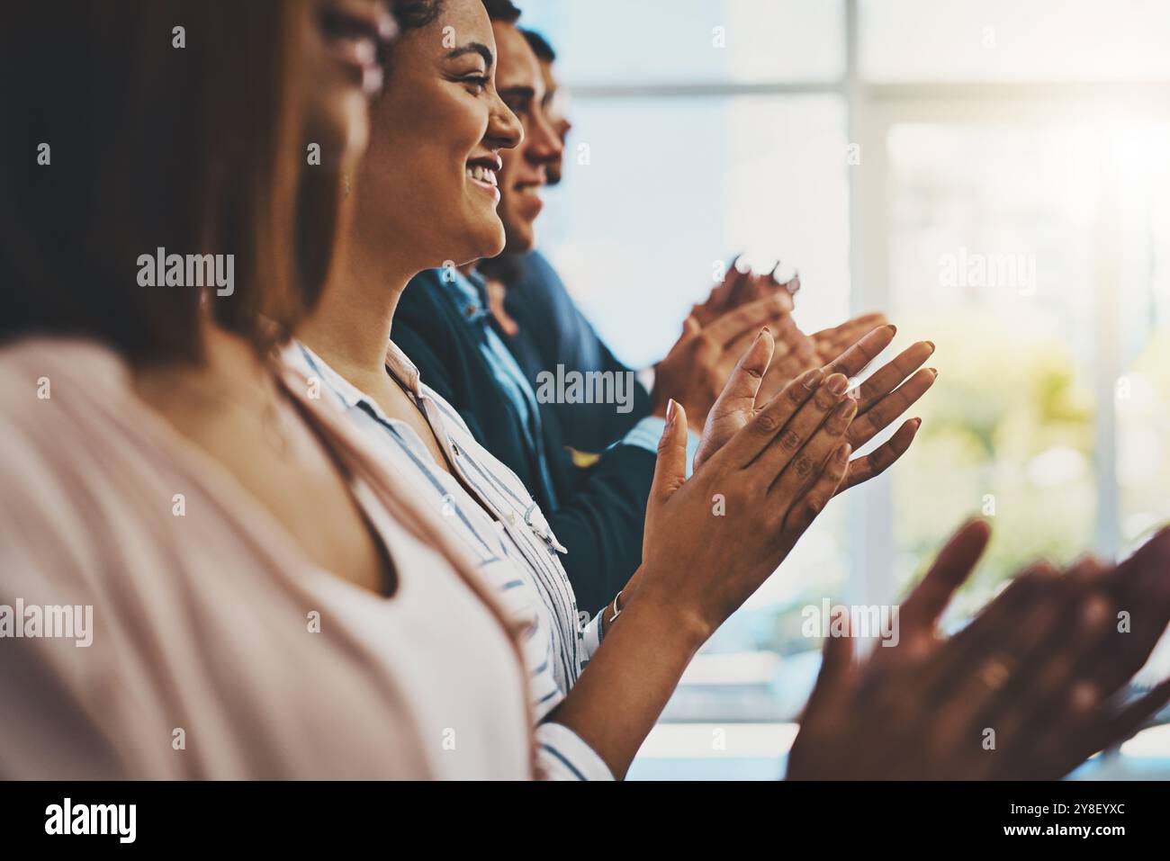 Business people, applause and support at presentation with motivation ...