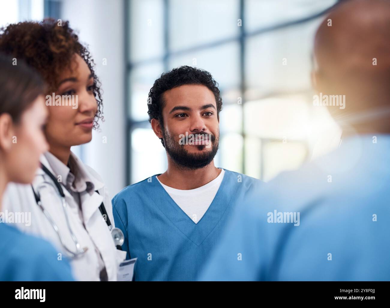 Discussion, teamwork and doctors in meeting with nurses, hospital and ...