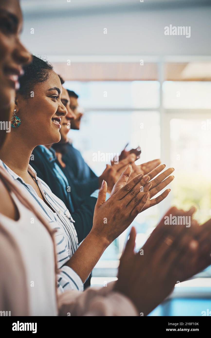 Business people, applause and success at presentation with motivation ...