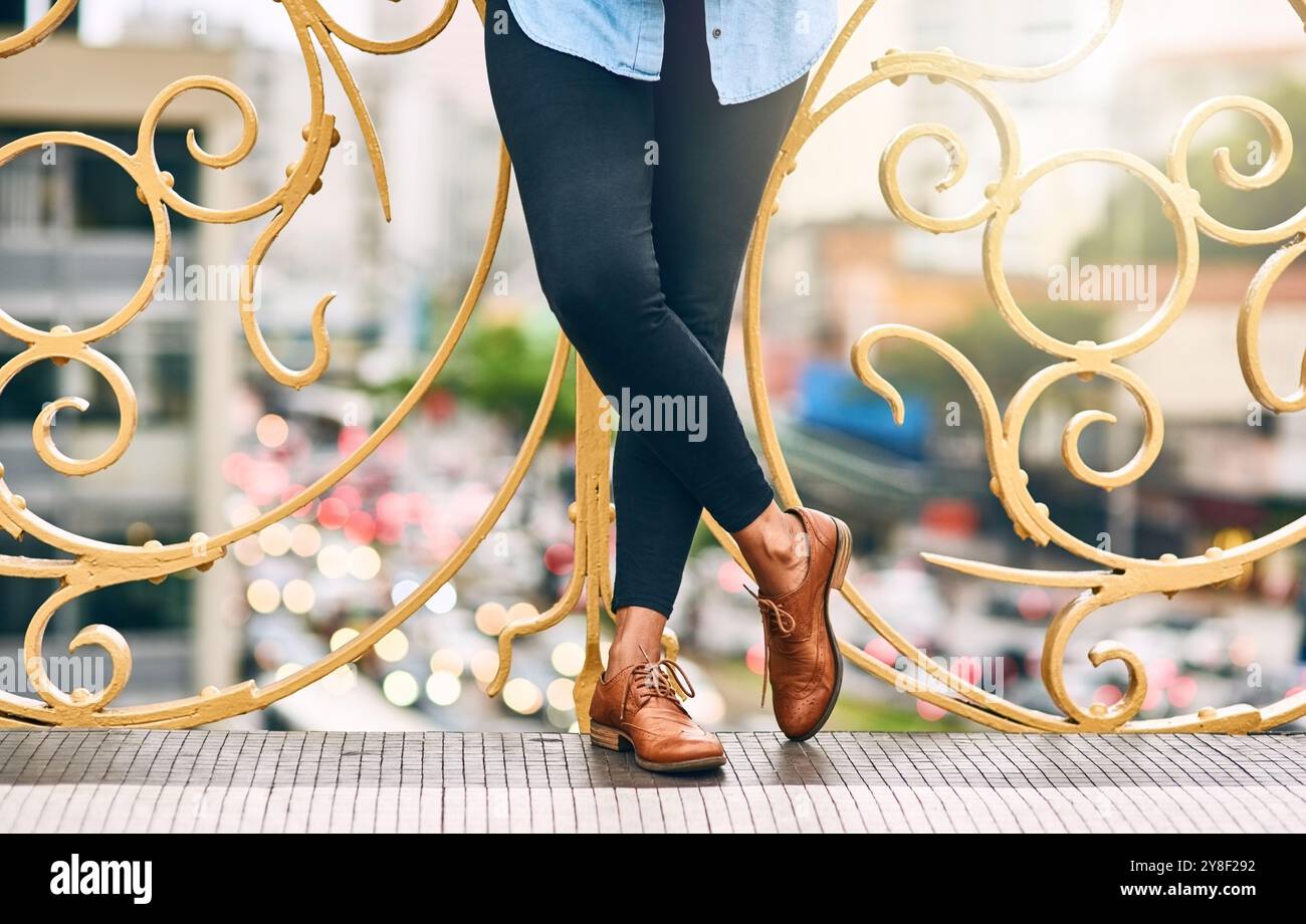 Woman, legs and relax on bridge in city, tourist sightseeing and travel ...