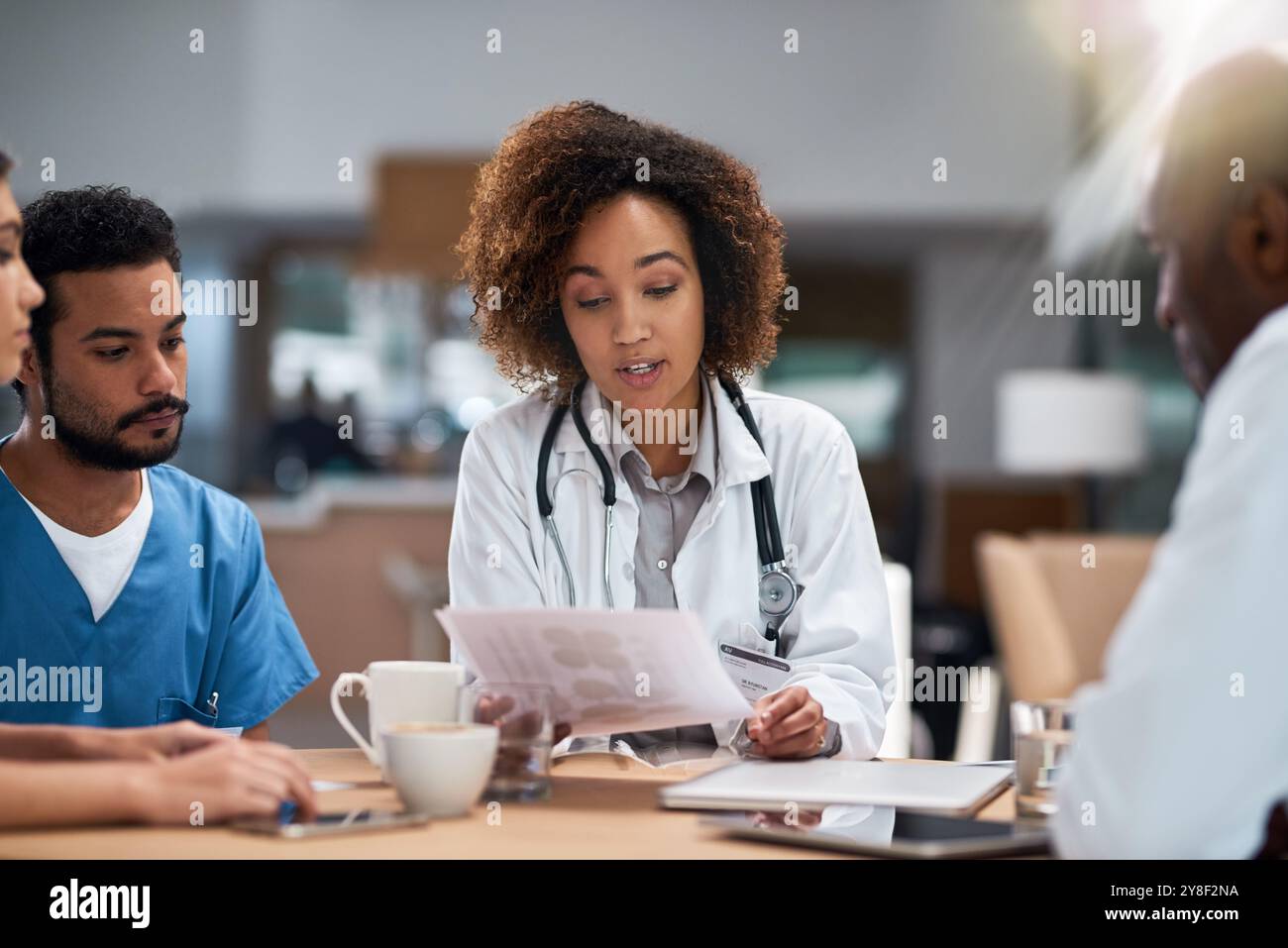 Discussion, doctor and meeting with nurses, documents and medical ...