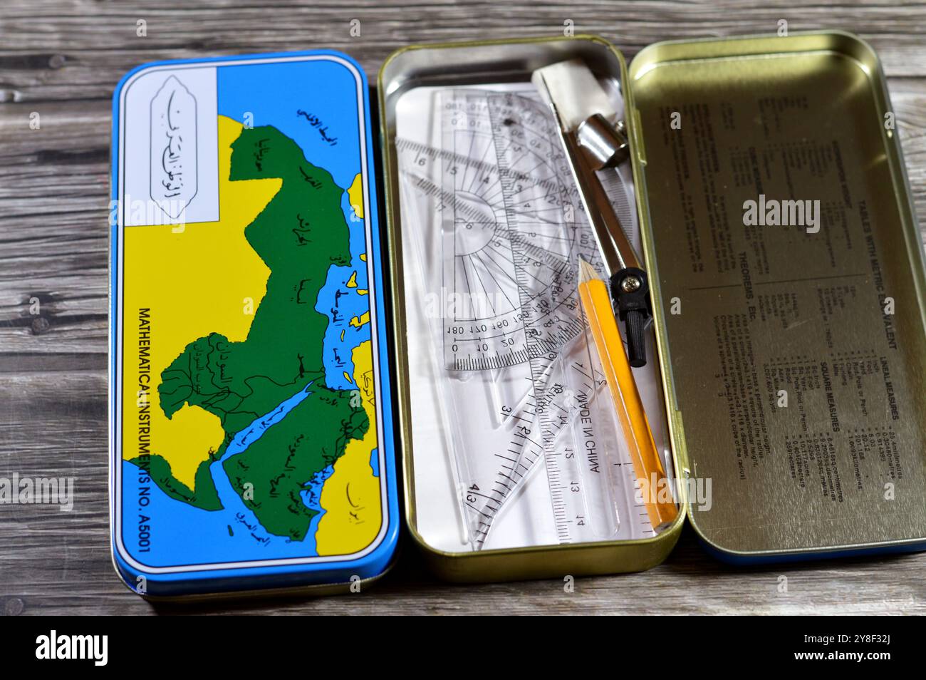 Cairo, Egypt, September 13 2024: Mathematical instrument box, geometry ...
