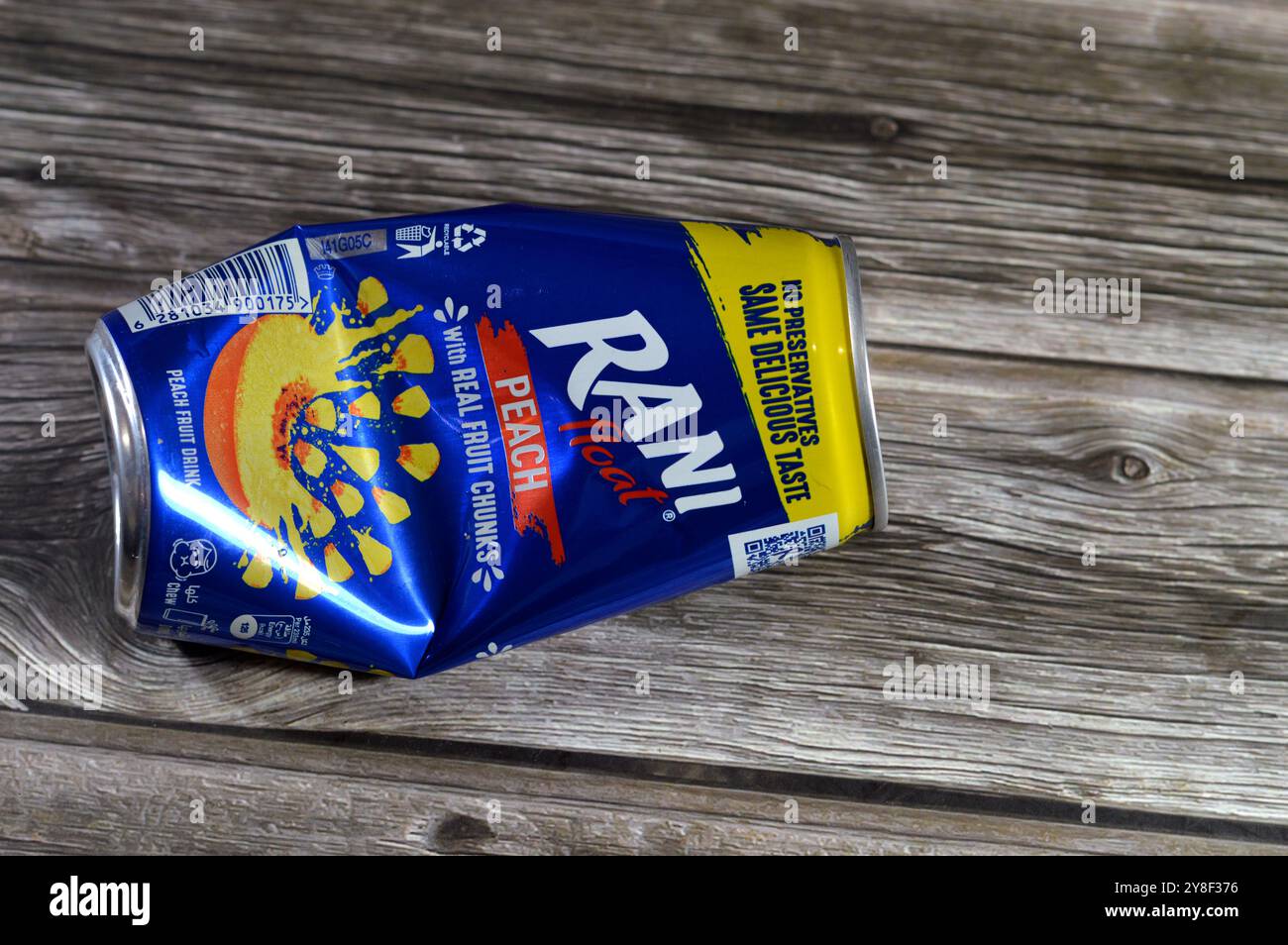 Cairo, Egypt, September 13 2024: Crushed dented Rani float peach fruit drink with real fruit ...