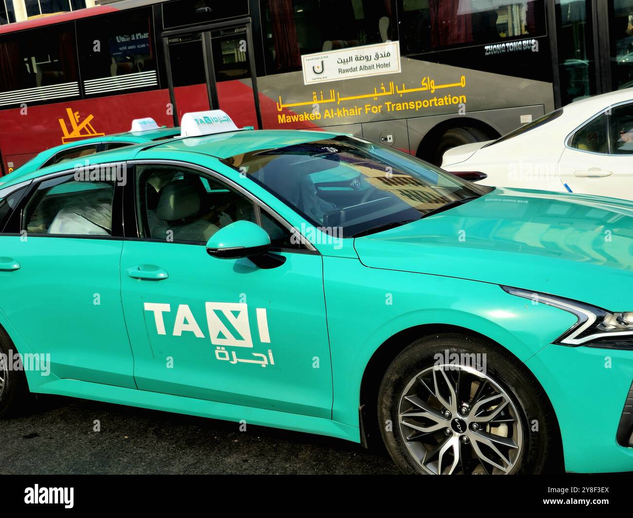 Mecca, Saudi Arabia, June 8 2024: Mecca Makkah Taxi, used to transport Hajj pilgrims inside and ...