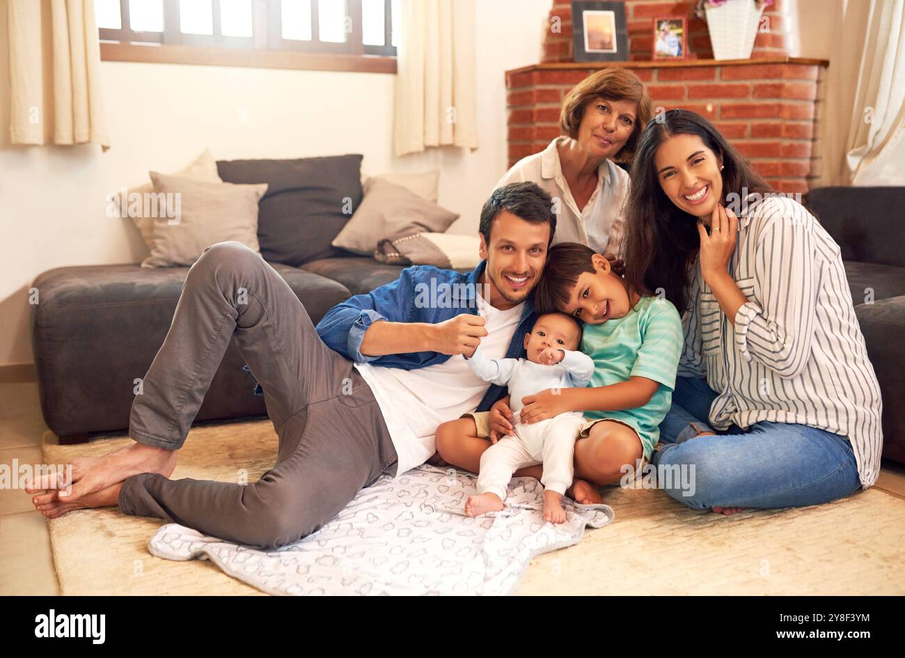 Family, grandmother and portrait with baby in home, hug and bonding ...