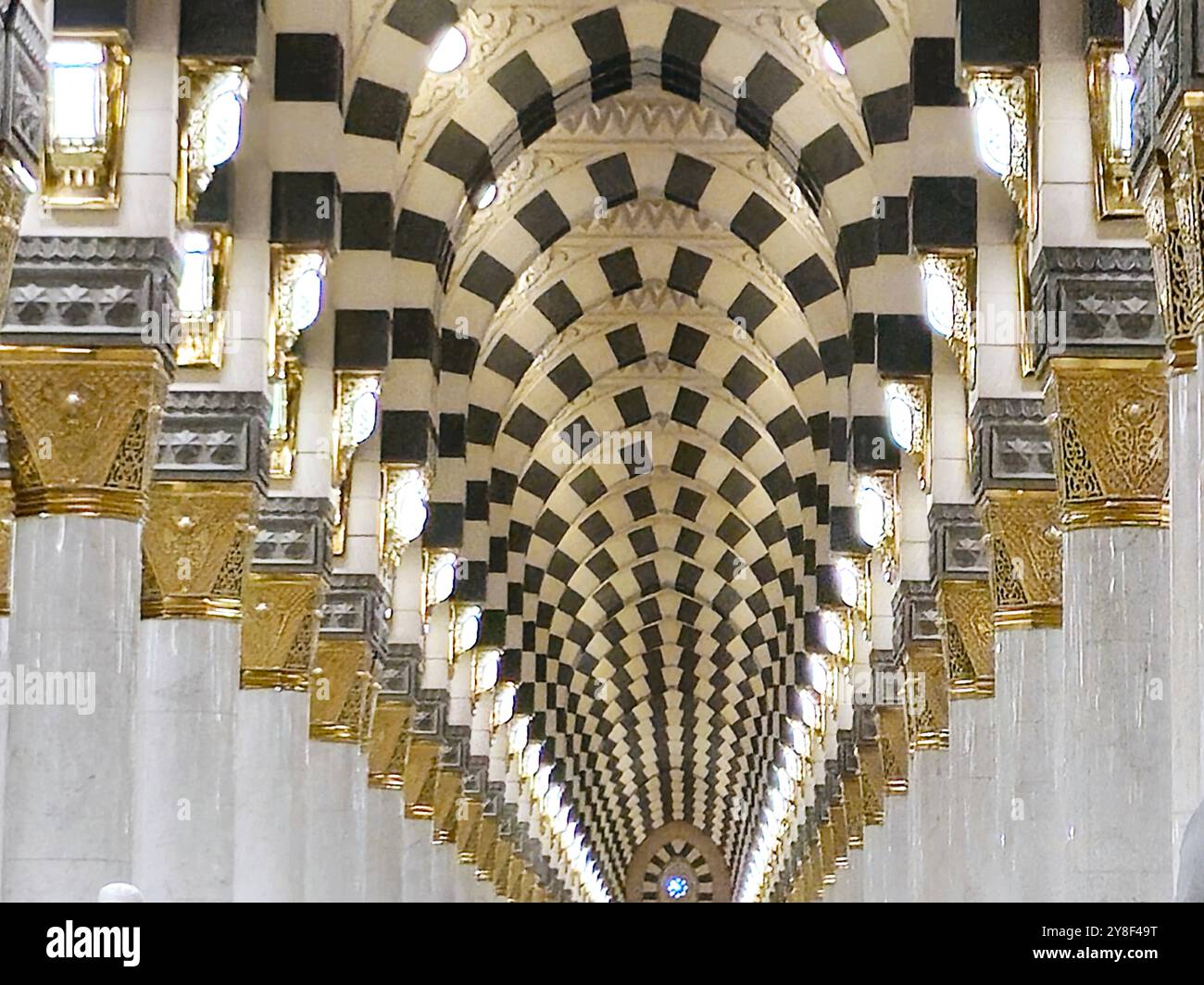 The interior of The Prophet's Mosque In Madinah or Al Masjid Al Nabawi ...