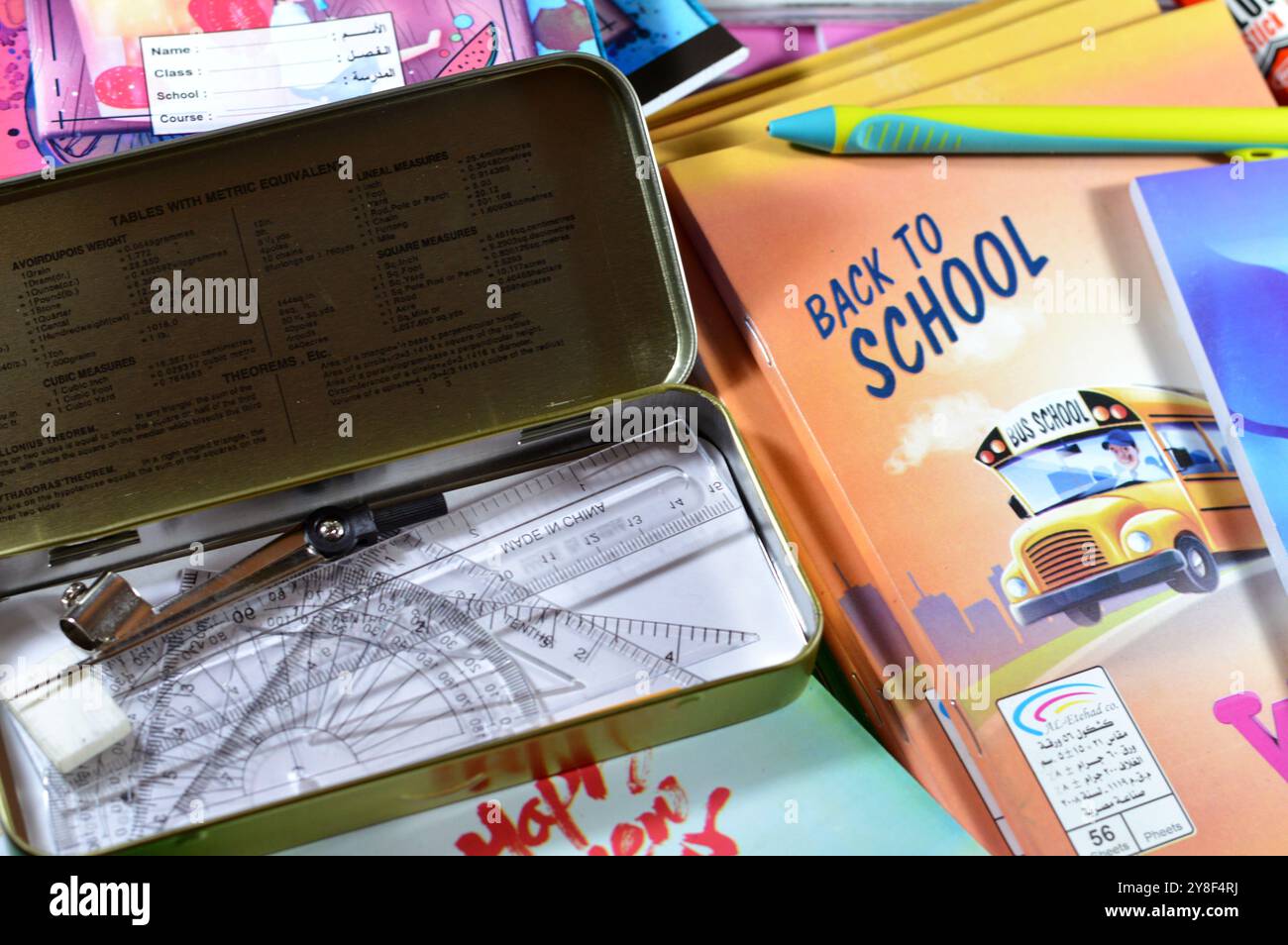 Cairo, Egypt, September 13 2024: School supplies items, notebook ...