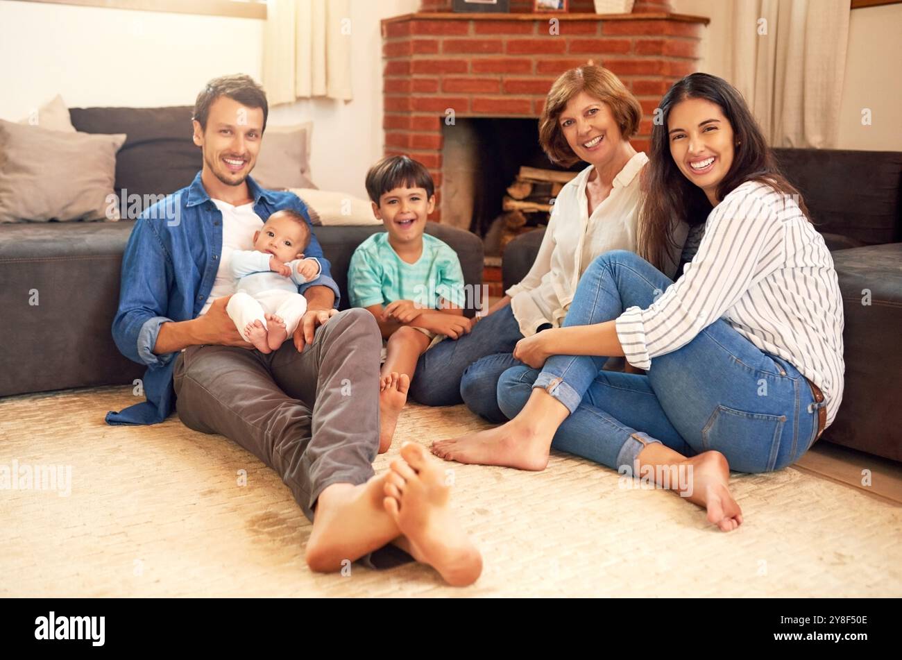 Family, grandmother and portrait with kids in home, relax and bonding ...