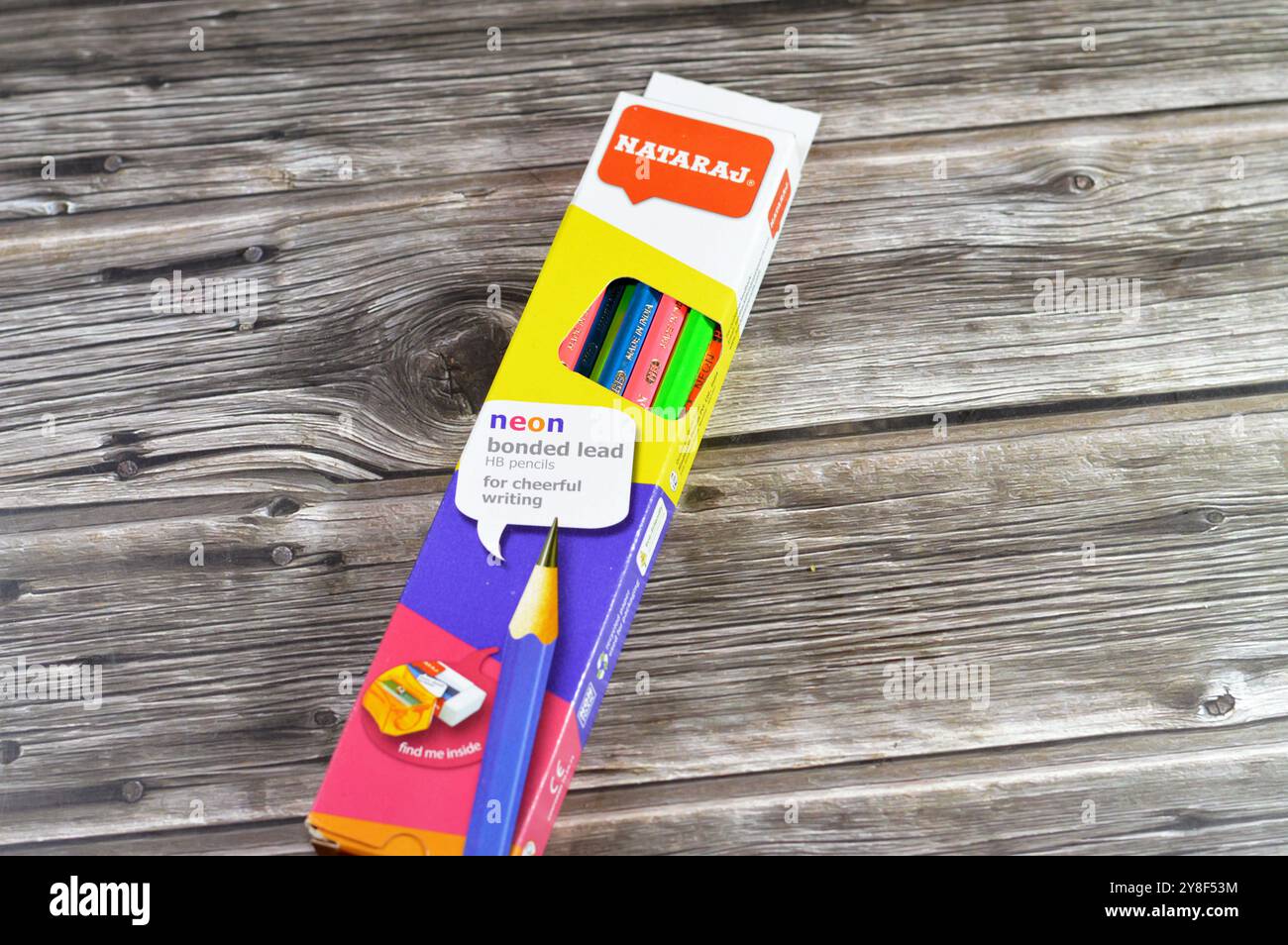 Cairo, Egypt, September 13 2024: Nataraj neon bonded lead HB pencils, a ...