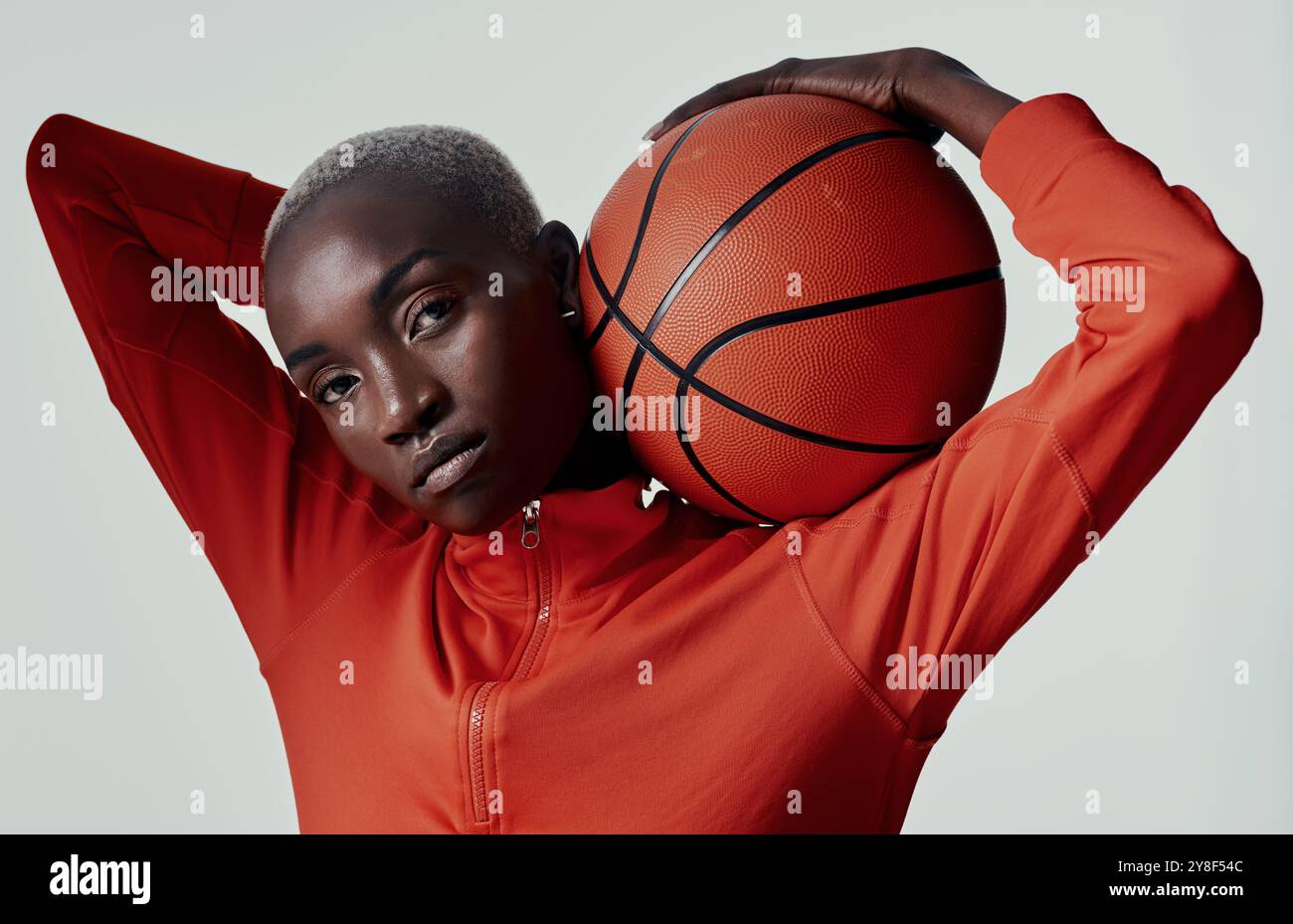 Studio, black woman and portrait with basketball for holding, balance ...