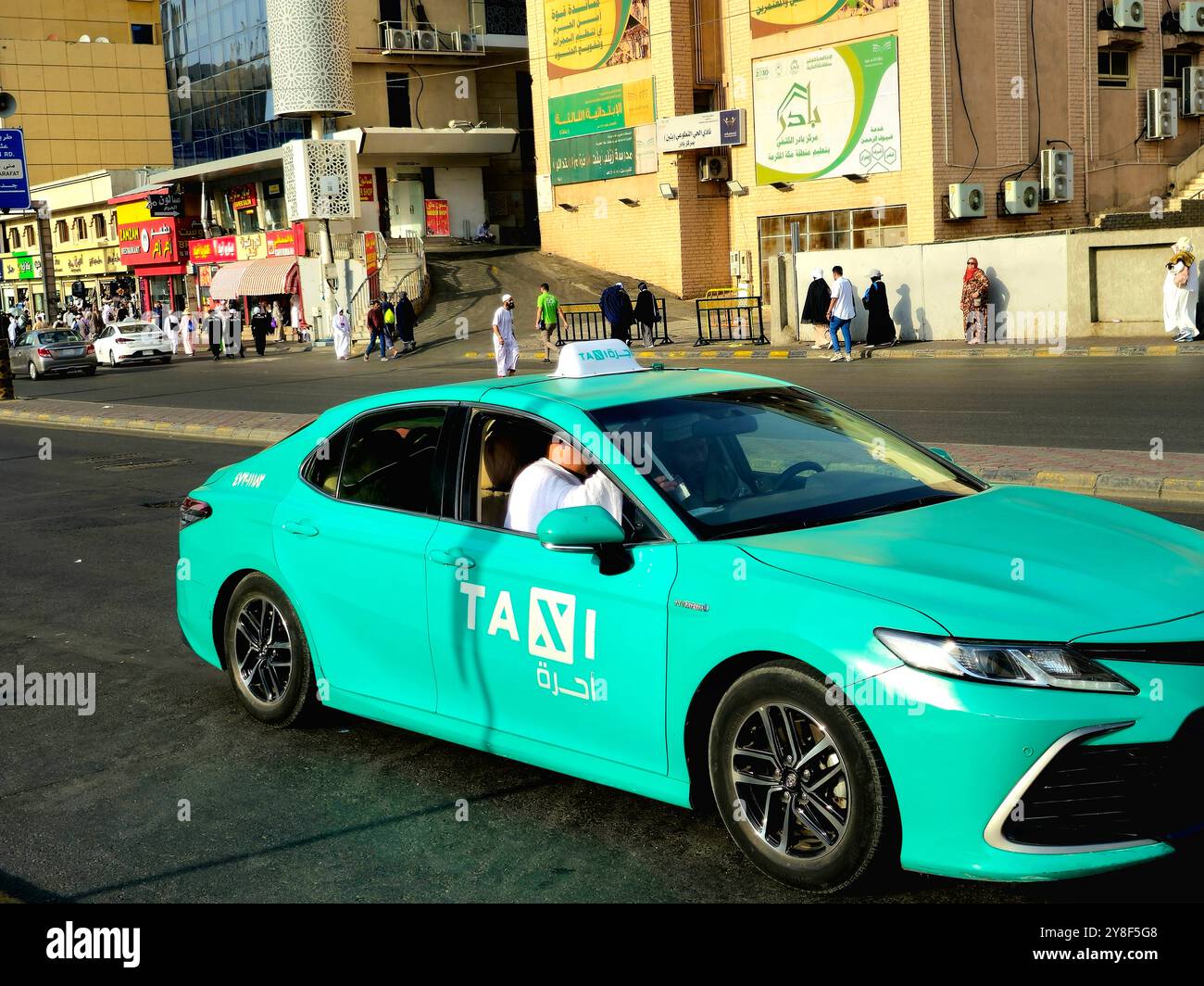 Mecca, Saudi Arabia, June 6 2024: Mecca Makkah Taxi, used to transport Hajj pilgrims inside and ...