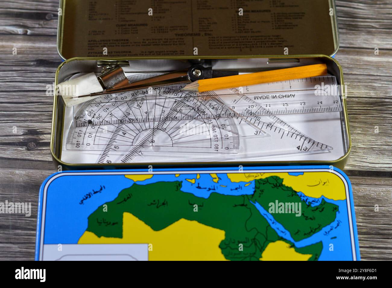 Cairo, Egypt, September 13 2024: Mathematical instrument box, geometry ...