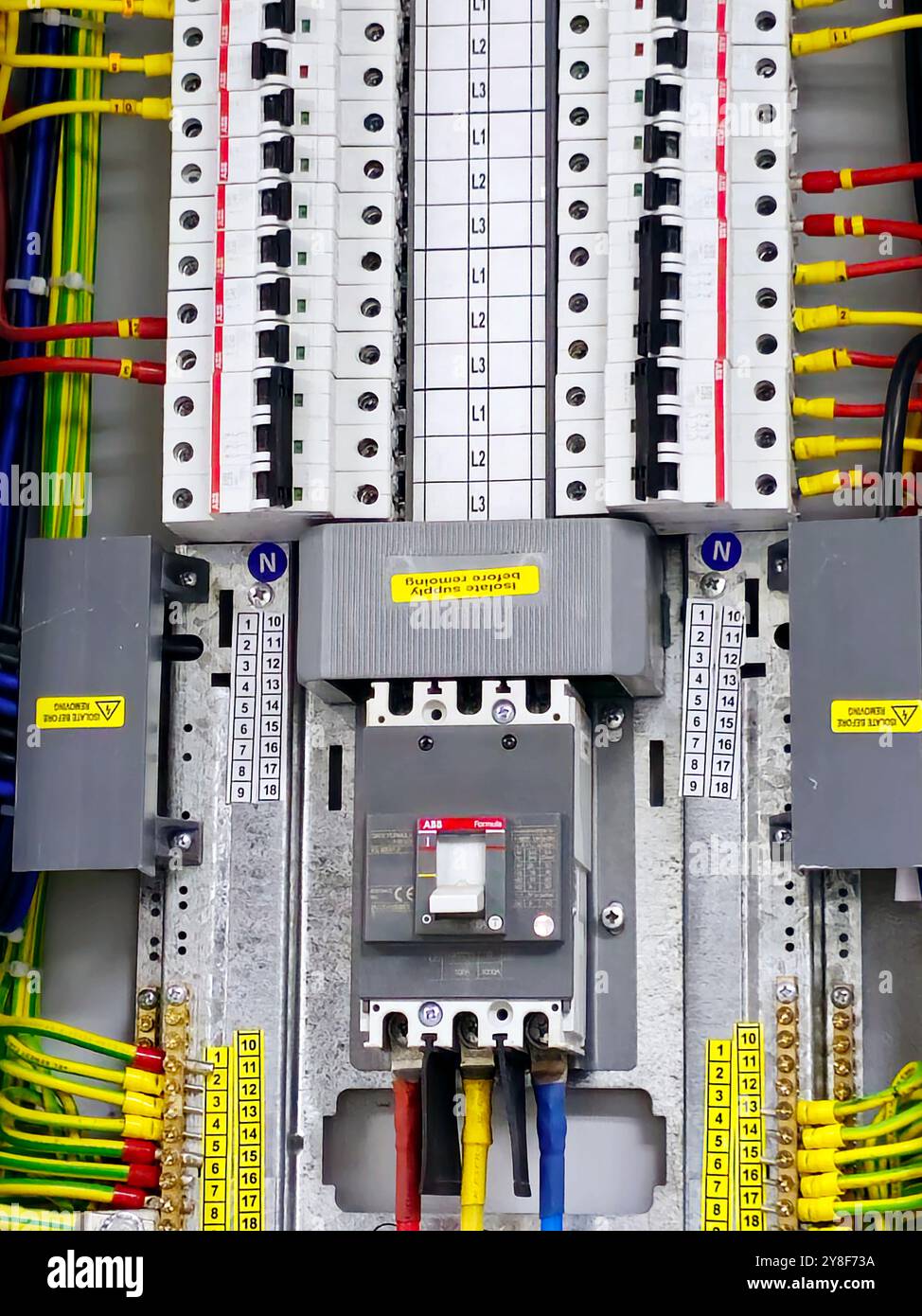 Cairo, Egypt, September 8 2024: A distribution board, panelboard, electric breaker panel, fuse ...