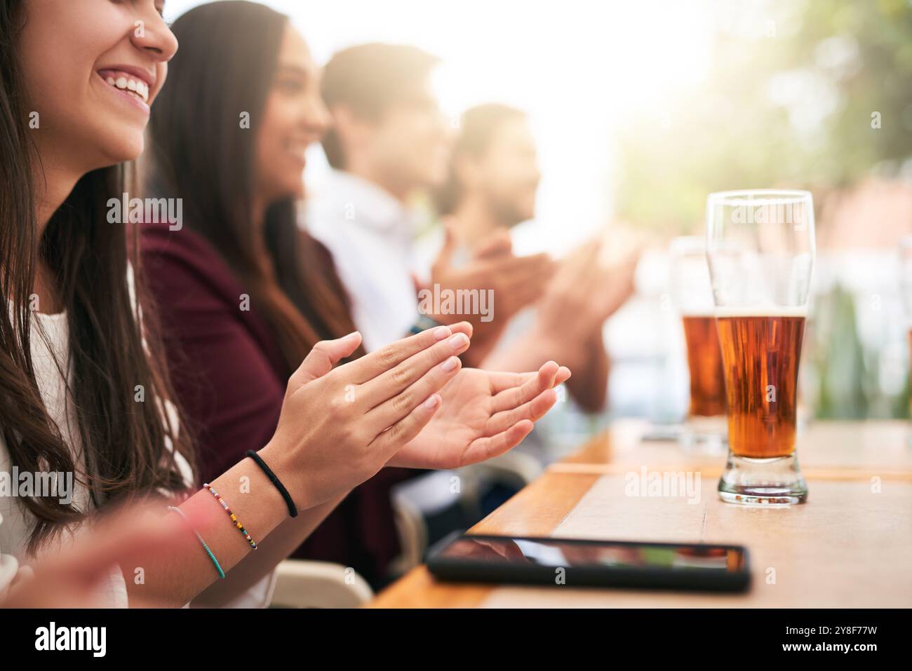 Restaurant, business people and happy with applause for presentation ...