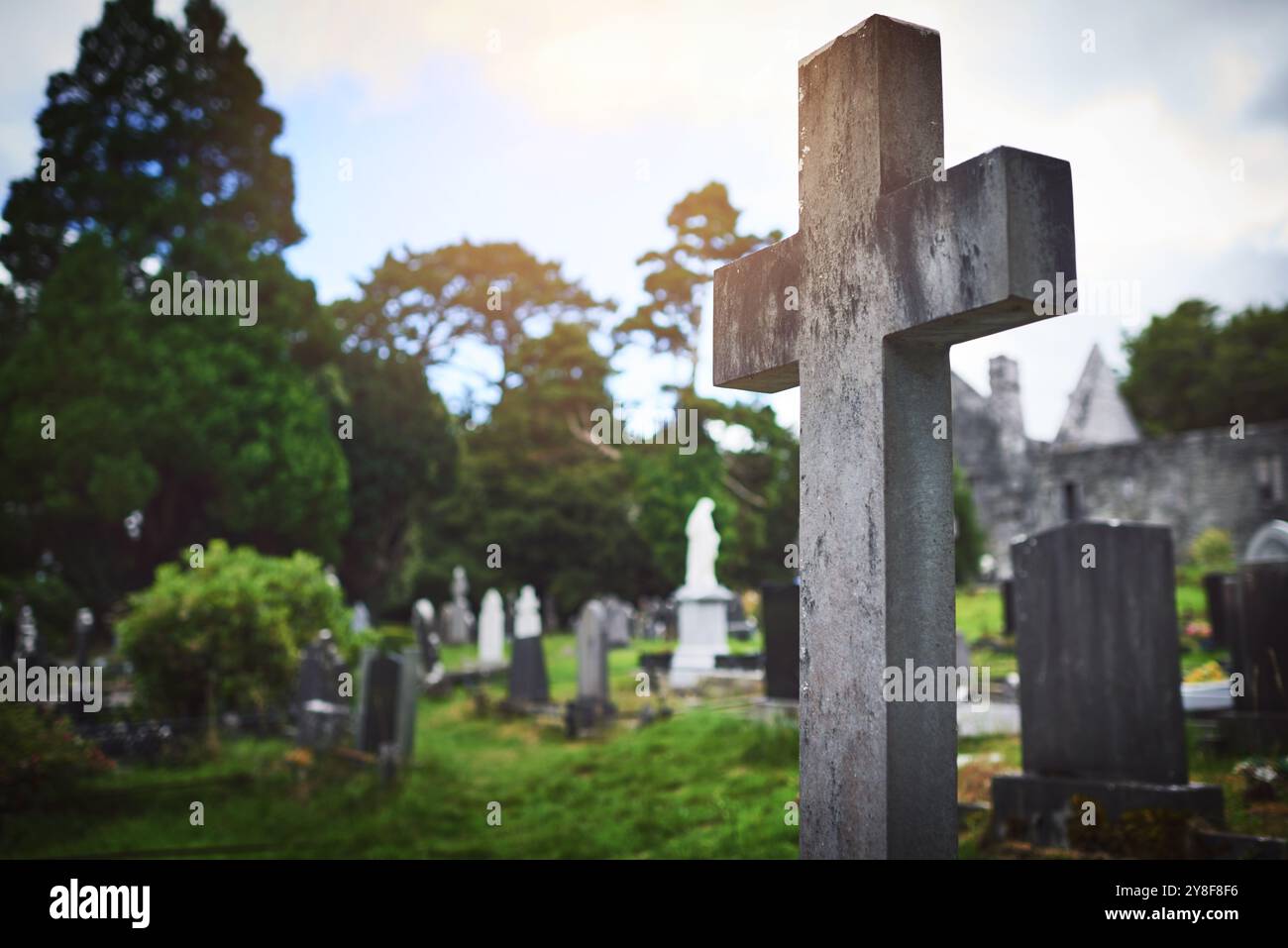 Funeral, tombstone and graveyard with cross in nature Christian, religion for and burial in ...