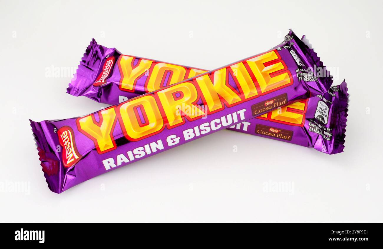 Nestle Yorkie raisin and biscuit milk chocolate bar foil wrapped Stock ...