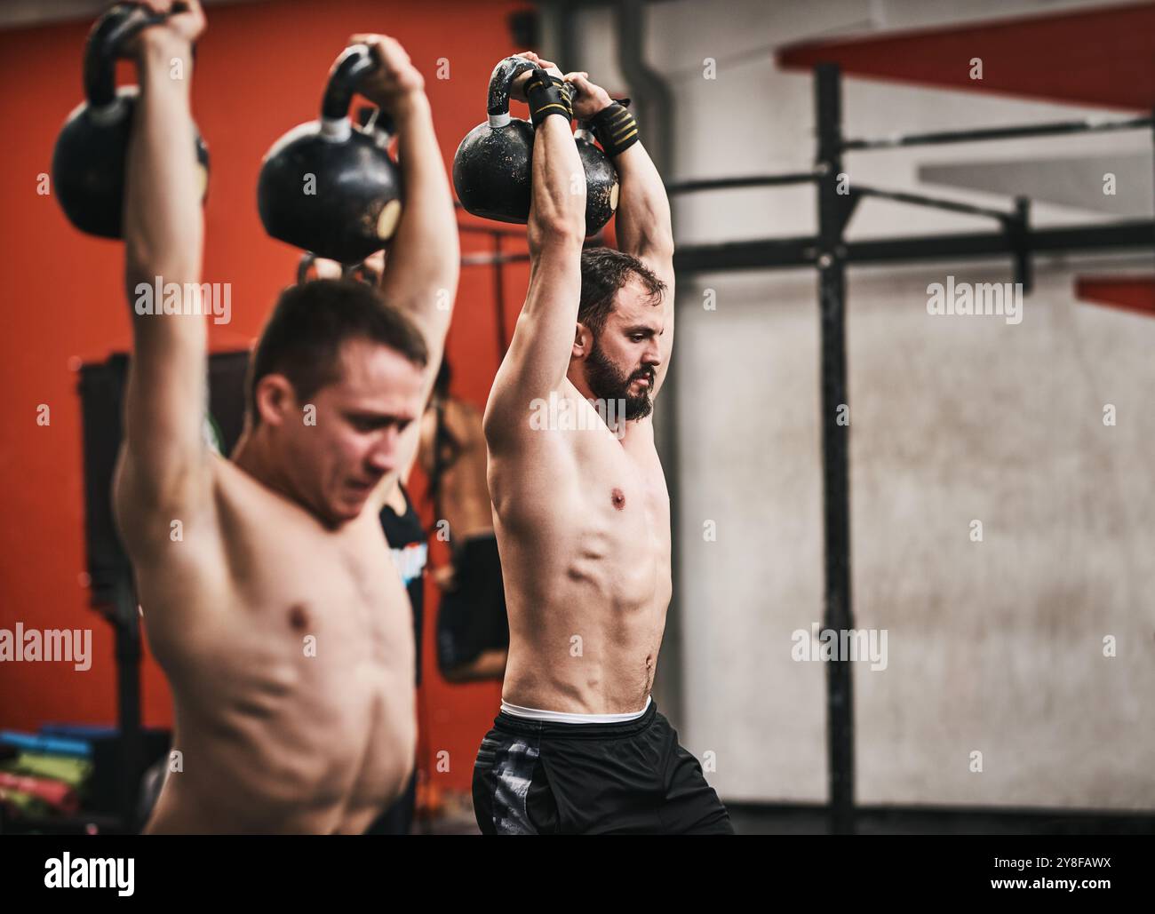 Men, kettlebell and gym workout with bodybuilding, muscle and strong ...
