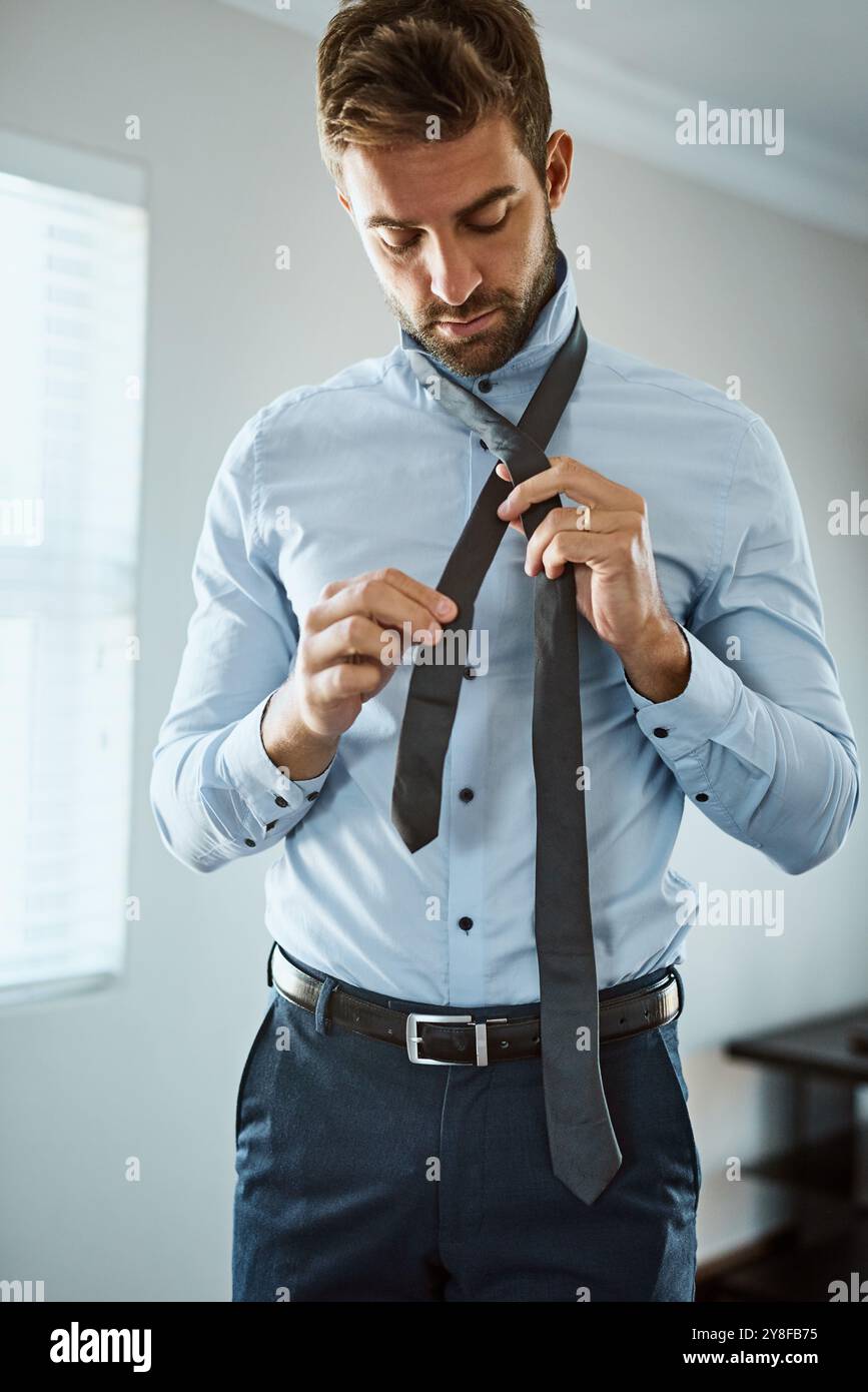 Morning, man and tie in bedroom in home with dressing, getting ready ...