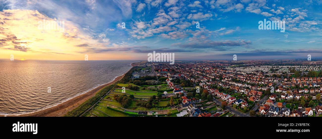 Sunrise Aerial Panoramic panorama View of the UK Seaside Skegness, a ...