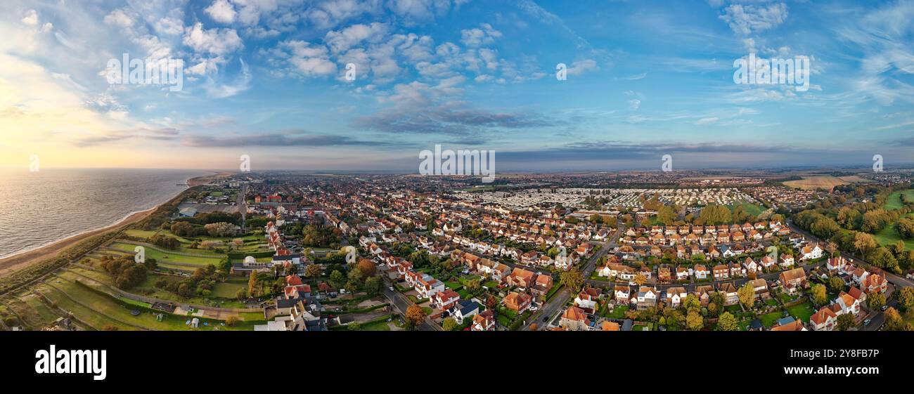 Sunrise Aerial Panoramic panorama View of the UK Seaside Skegness, a ...