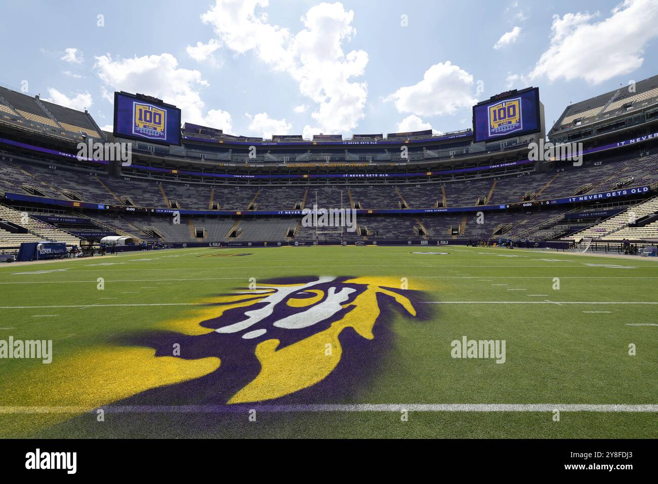 The midfield Tiger eye logo at LSU's Tiger Stadium shown in a empty ...
