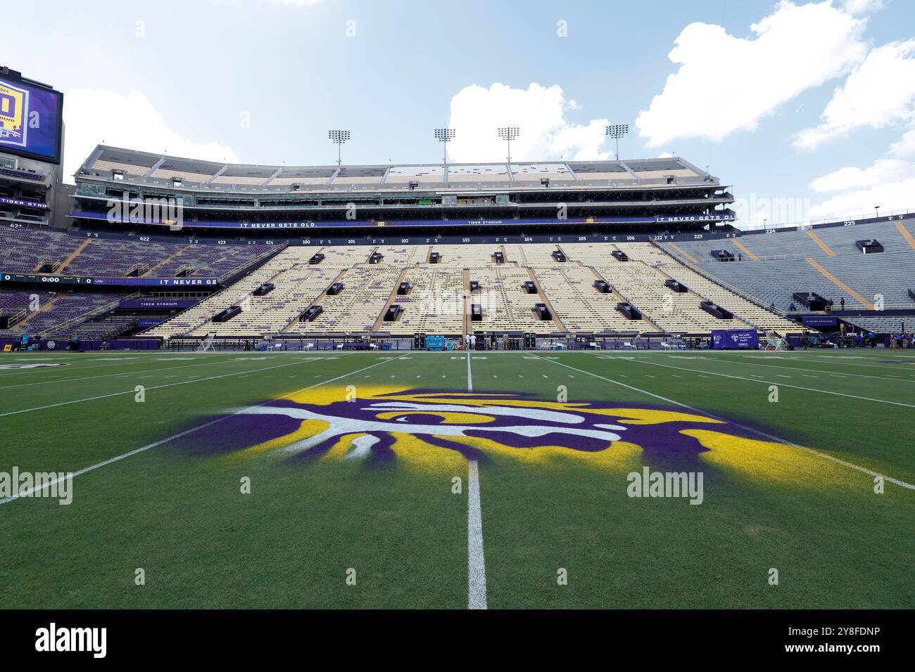 The midfield Tiger eye logo at LSU's Tiger Stadium shown in a empty ...