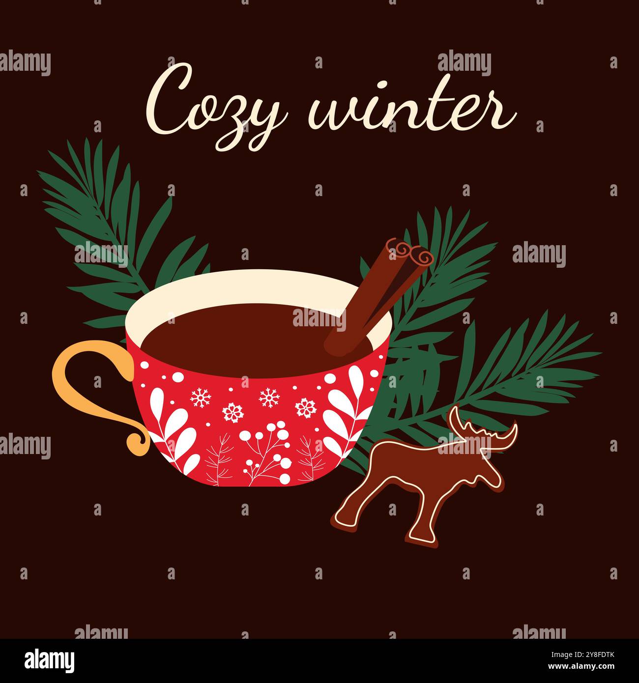 Hand drawn greeting card Cosy winter with cup of hot tea, gingerbread ...