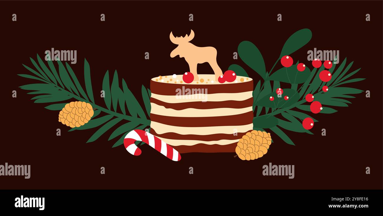 Hand drawn Christmas decorated cake with sugar cane, gingerbread deer ...