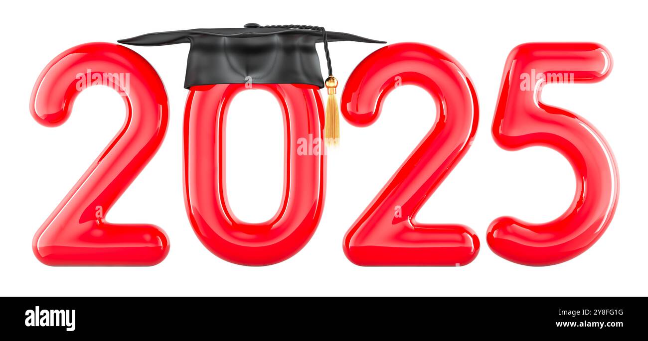 Graduate 2025, red inscription with education hat. 3D rendering ...