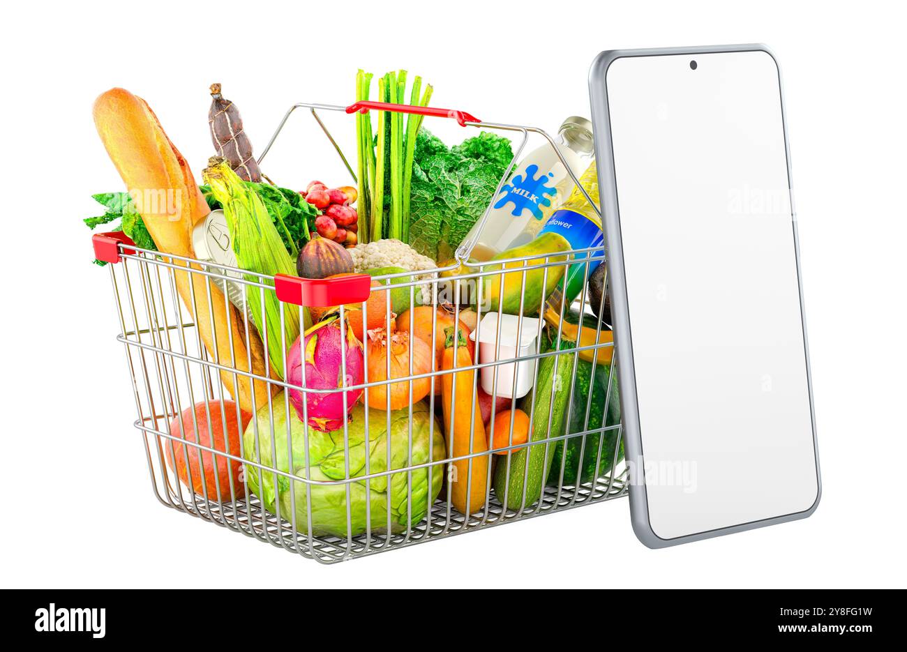 Shopping basket full of products with smartphone with white screen ...