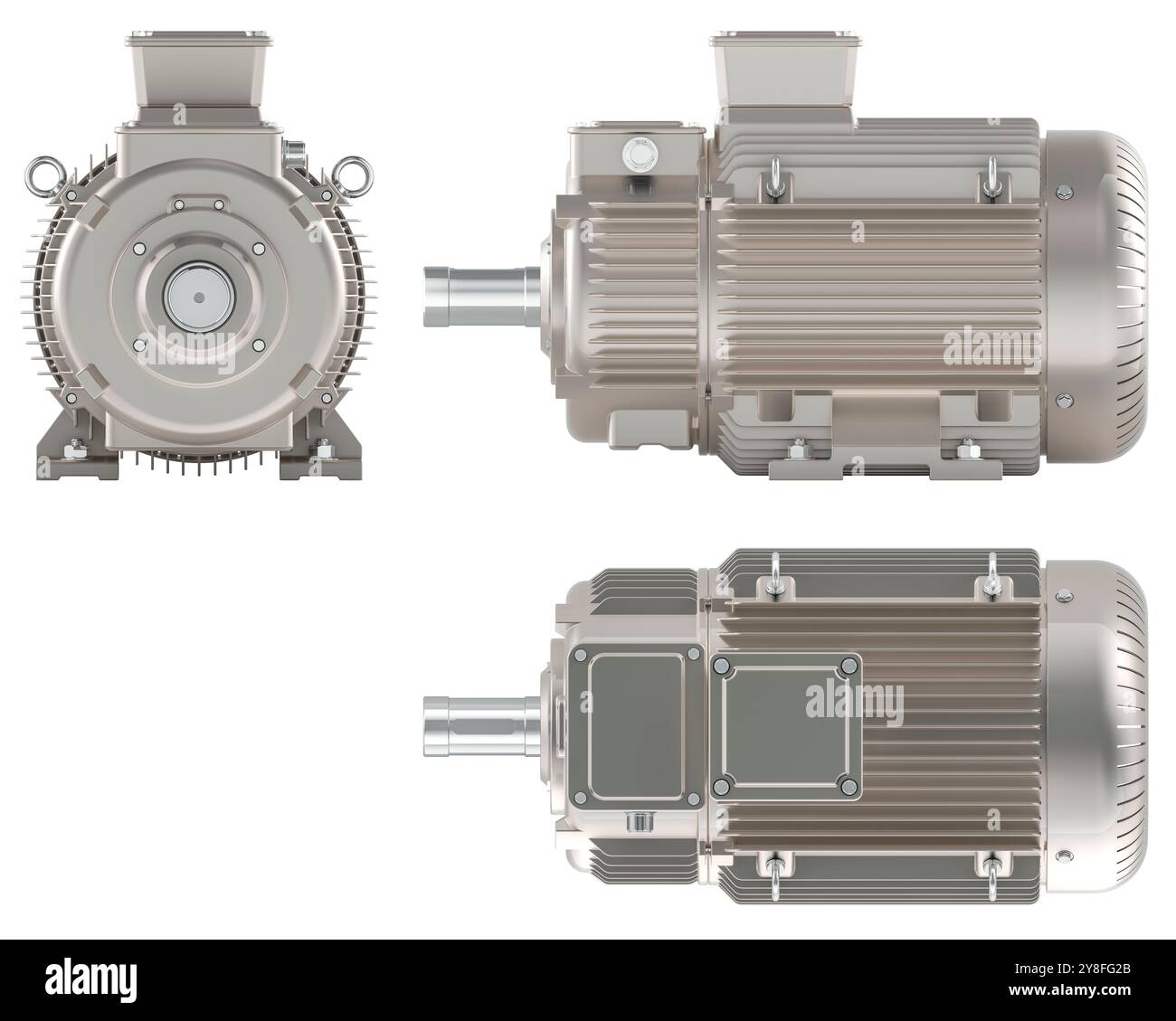 Industrial electric motor. Front, side, back views. 3D rendering ...