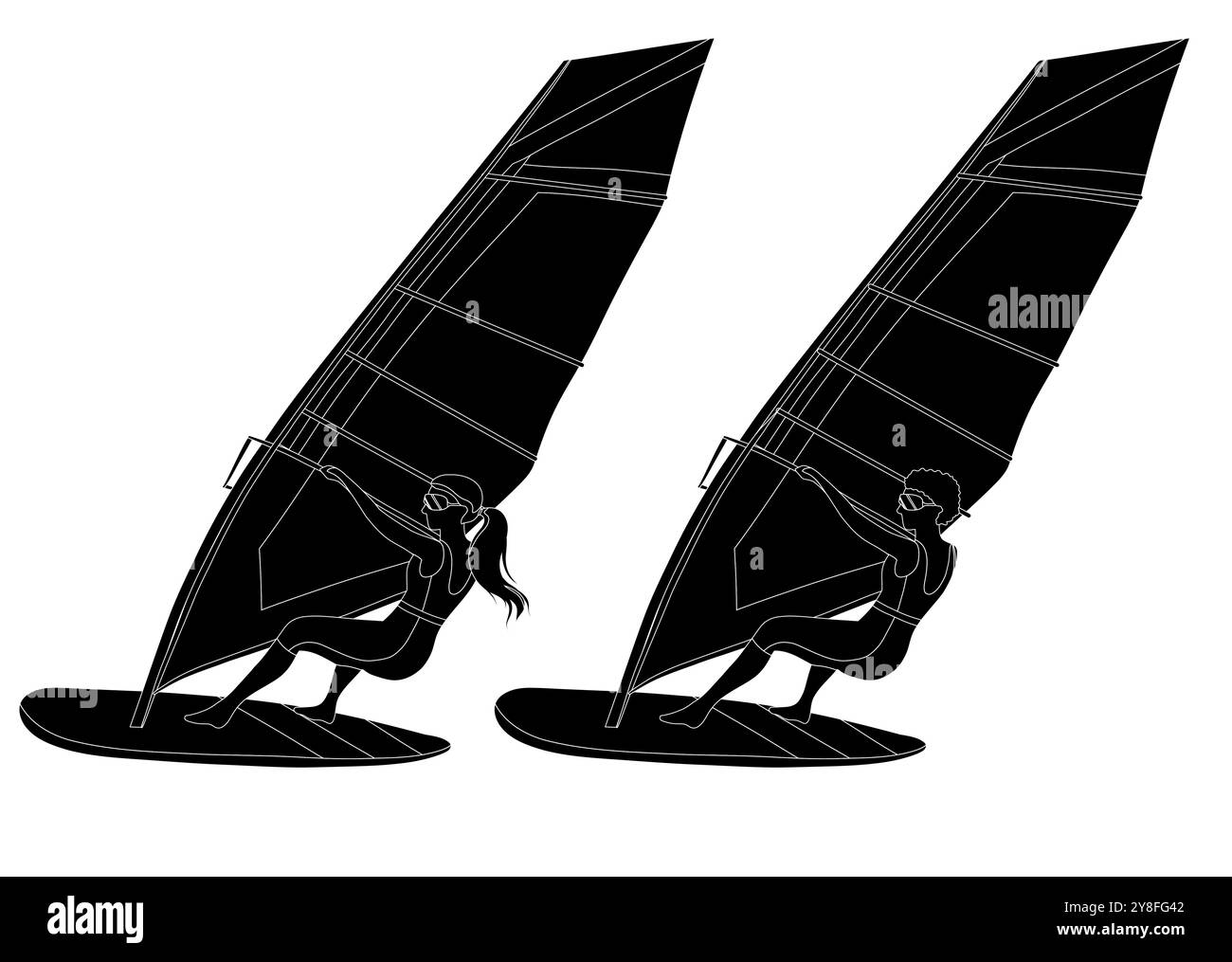Vector set of monochrome illustration windsurfing. Collection with ...