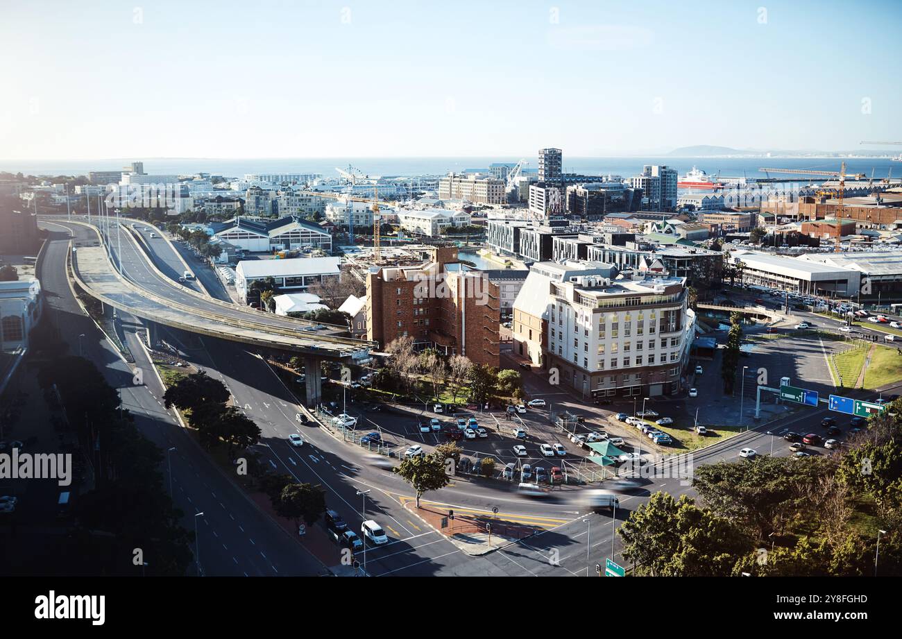 City, skyline and travel outdoor with infrastructure, view and ...