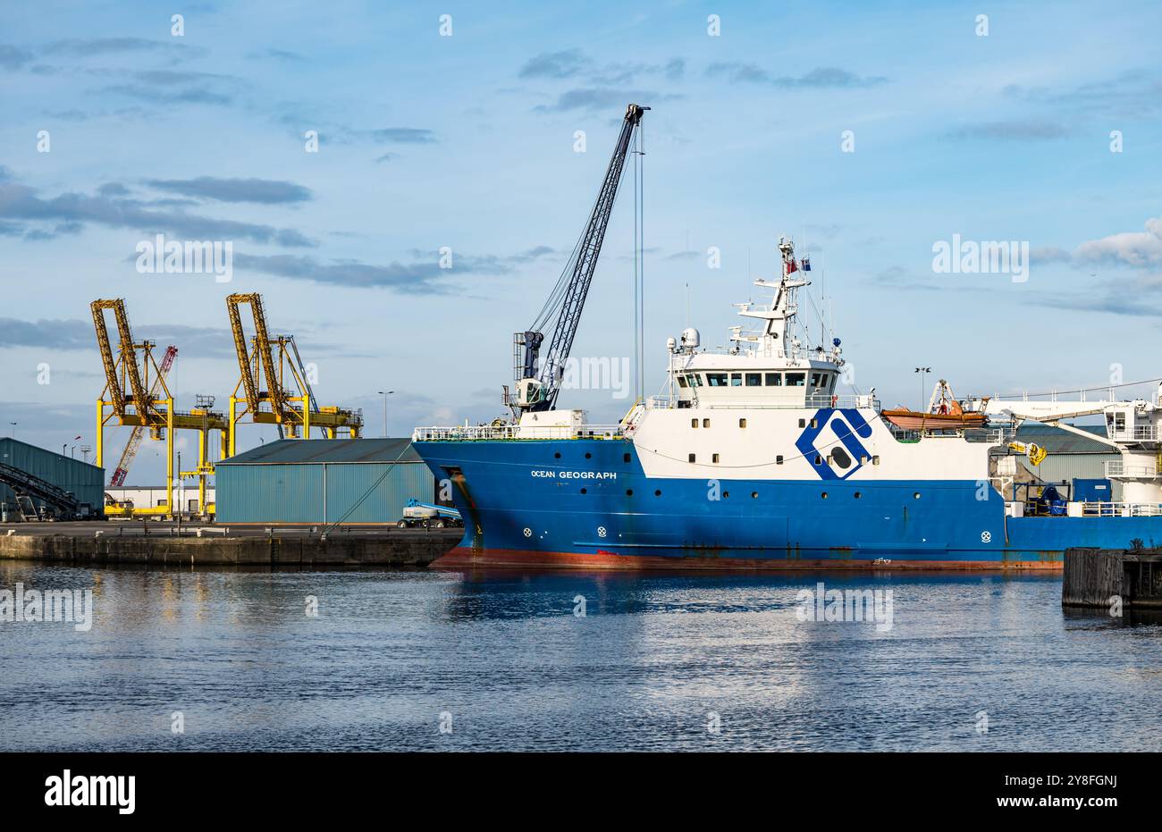 Research and survey vessel Ocean Geography ship moored in Leith harbour ...