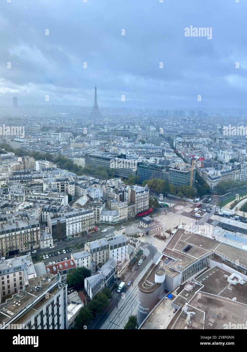 Aerial view of Paris with the Eiffel Tower in view, with a dramatic sky ...